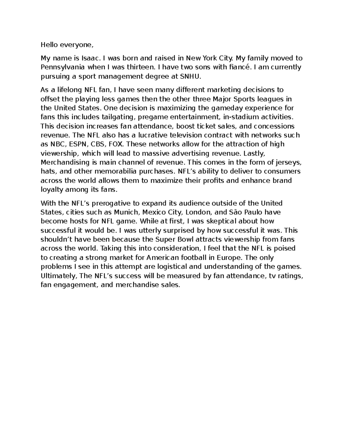 SPT 208 Week 1 Discussion: NFL Marketing Strategies and Global ...