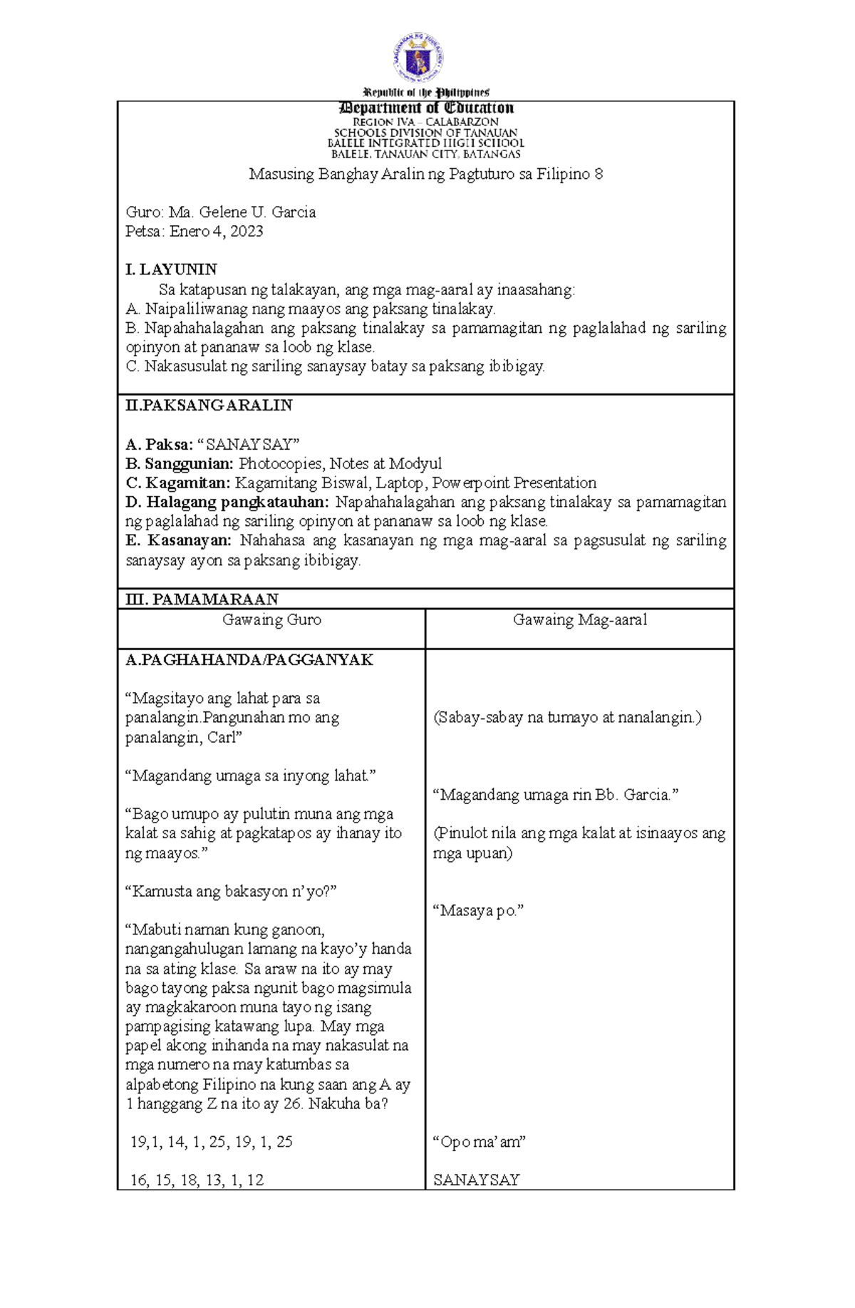 Filipino 8 - Lesson Plan on Writing Sanaysay: Objectives & Methods ...