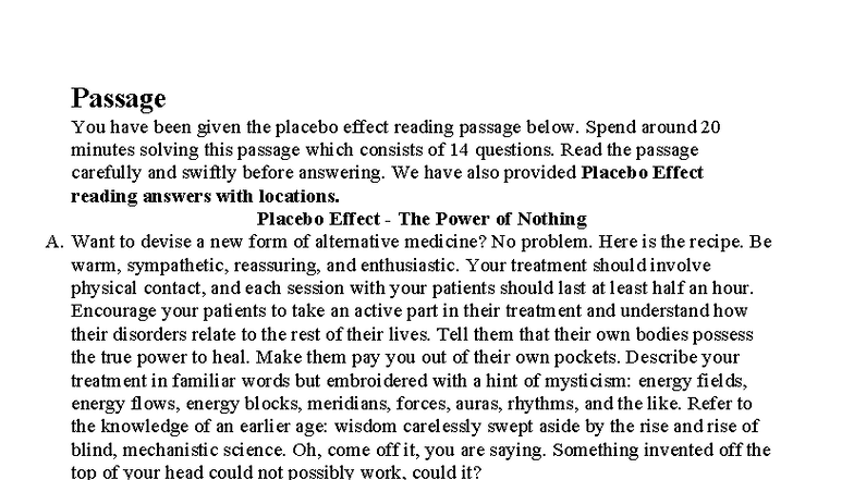 Placebo Effect Reading Passage & Questions (14 Qs) - Studocu