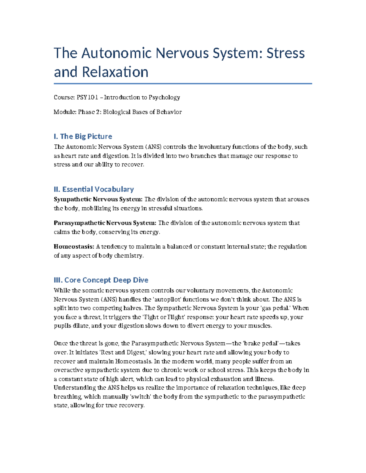 The Autonomic Nervous System: Stress & Relaxation - PSY101 - Studocu