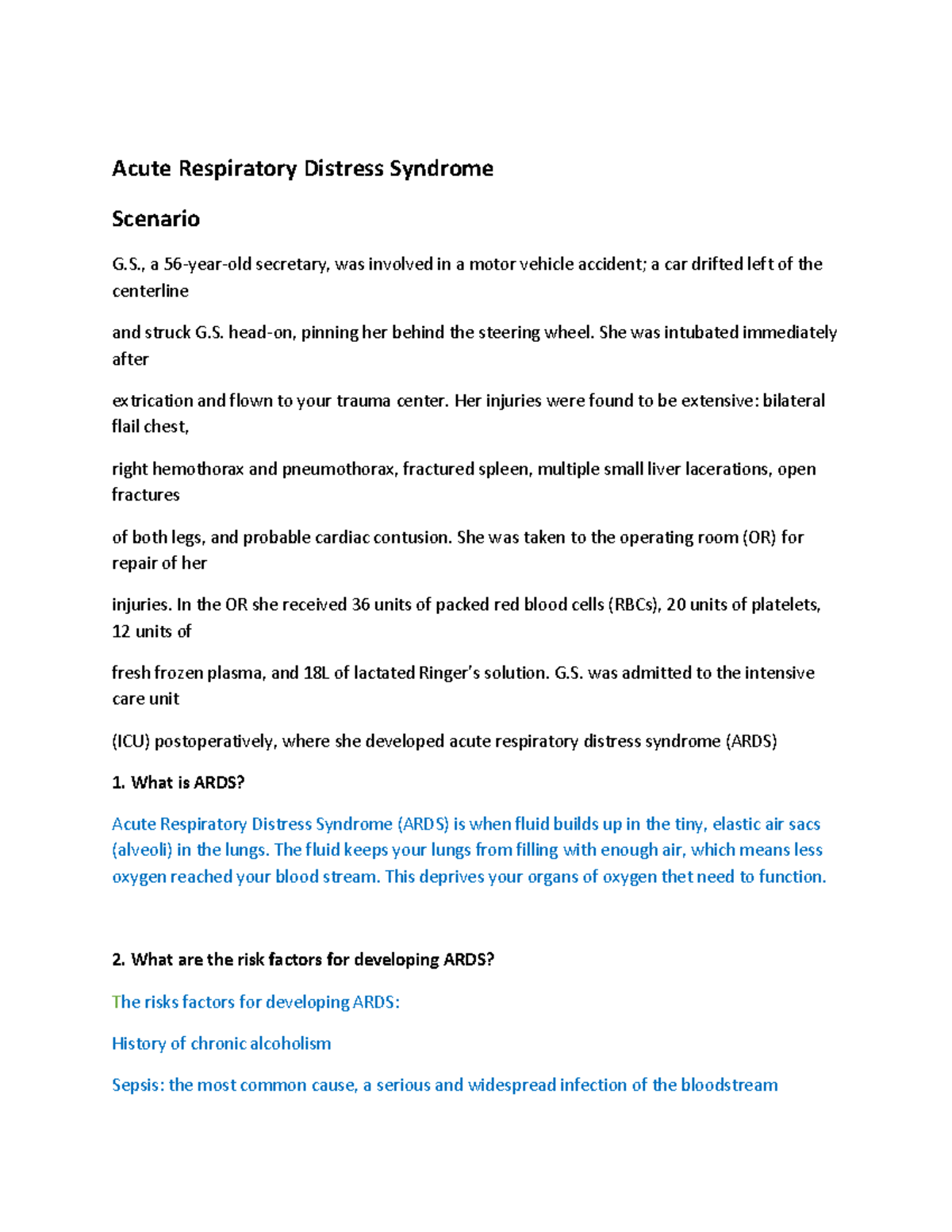 ARDS case study - notes - Acute Respiratory Distress Syndrome Scenario ...