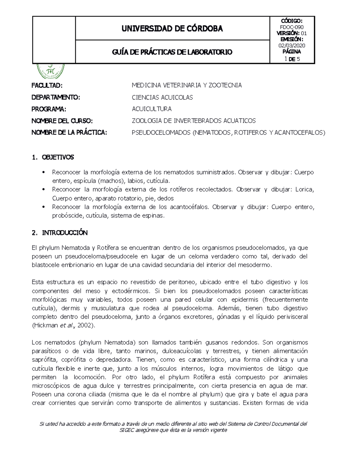 GUIA 4. Pseudocelomados ( Nematodos, Rotiferos Y Acantocefalos ...