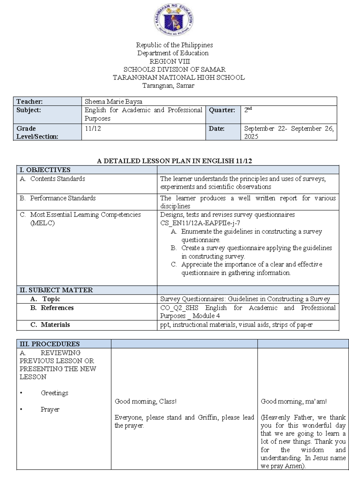 Detailed Lesson Plan: Guidelines in Creating a Survey (CO_Q2_SHS) - Studocu