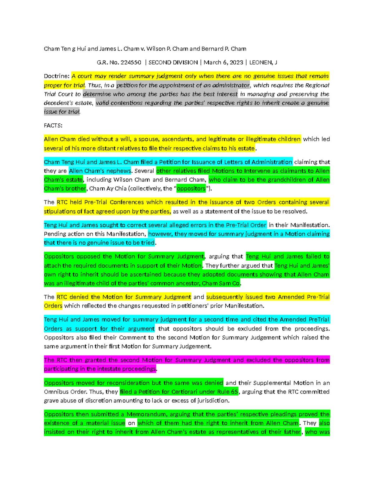 CIV PRO Case Study Digest: Cham & Sioland Development Corp. - Studocu