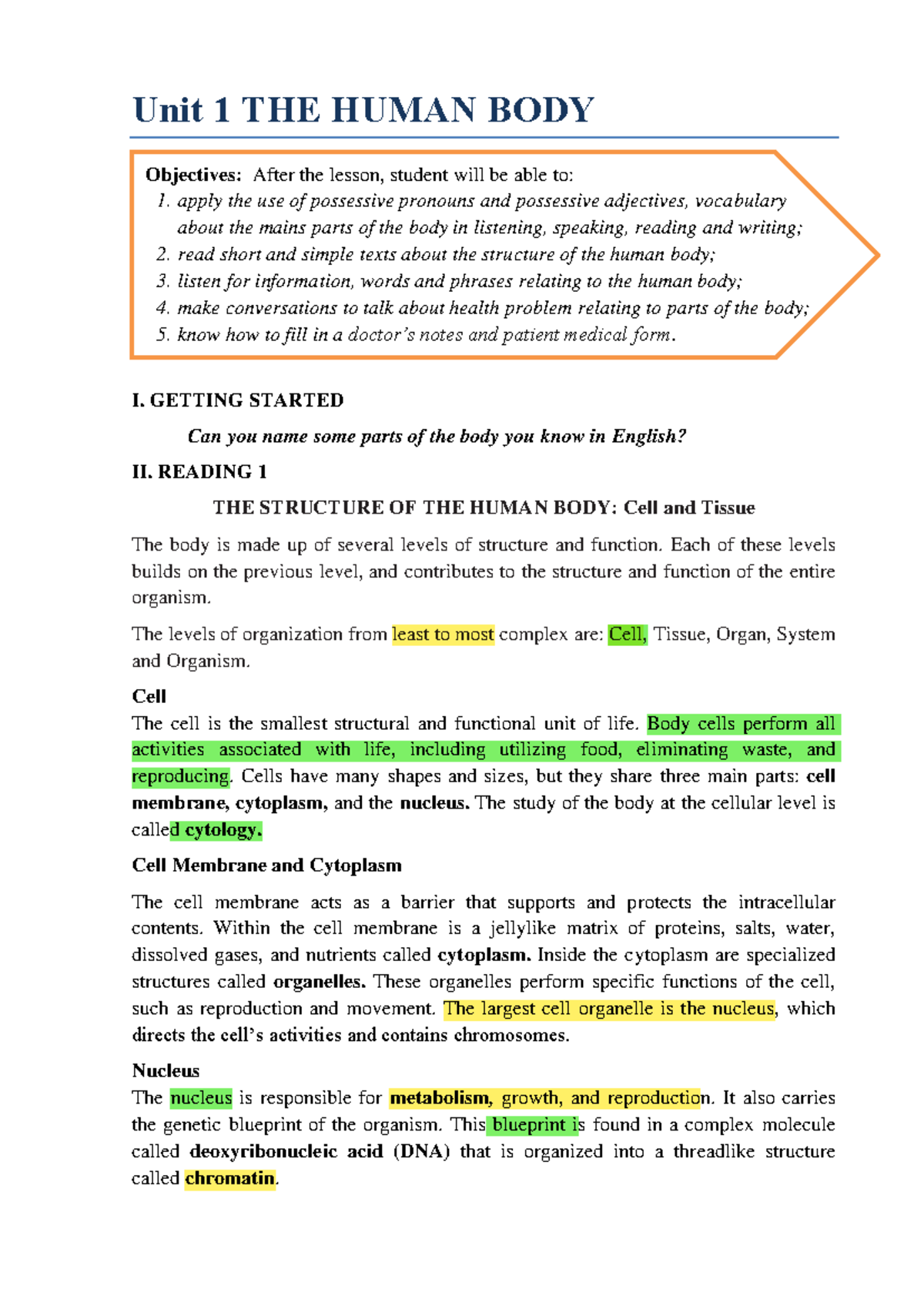 Unit 1 - The Human Body: Structure, Functions & Health (GORG) - Studocu