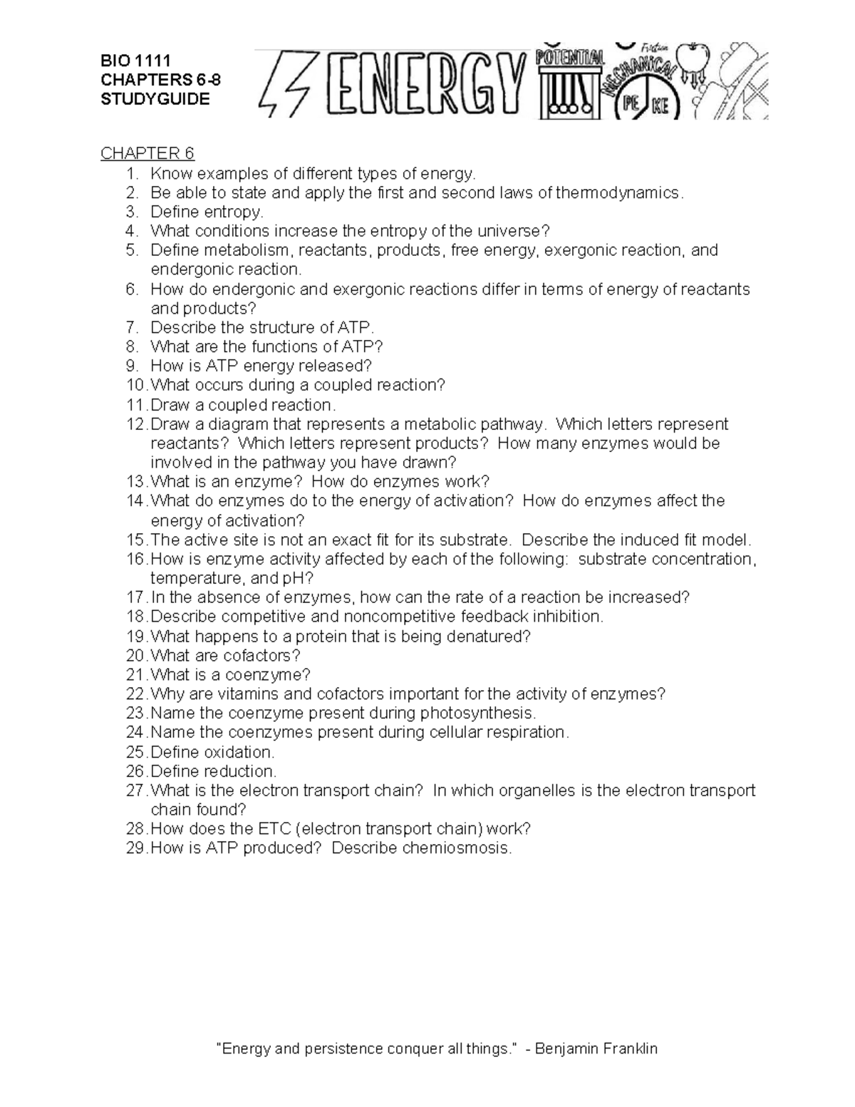 BIO 1111 Study Guide: Energy, Thermodynamics & Photosynthesis (Ch. 6-8 ...