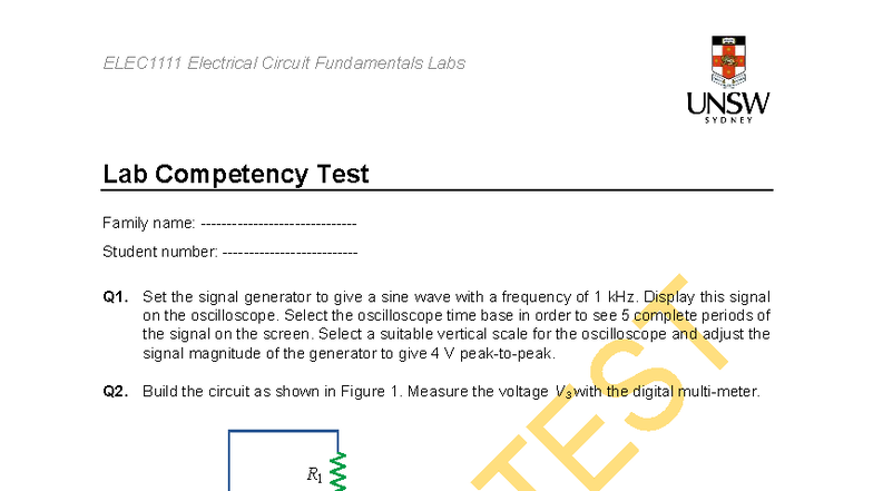 ELEC1111 Lab Competency Test: Electrical Circuit Fundamentals T3 2025 ...