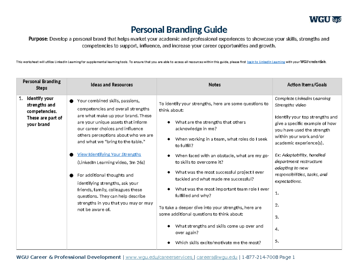 Professional Branding Worksheet: Building Your Personal Brand - Studocu