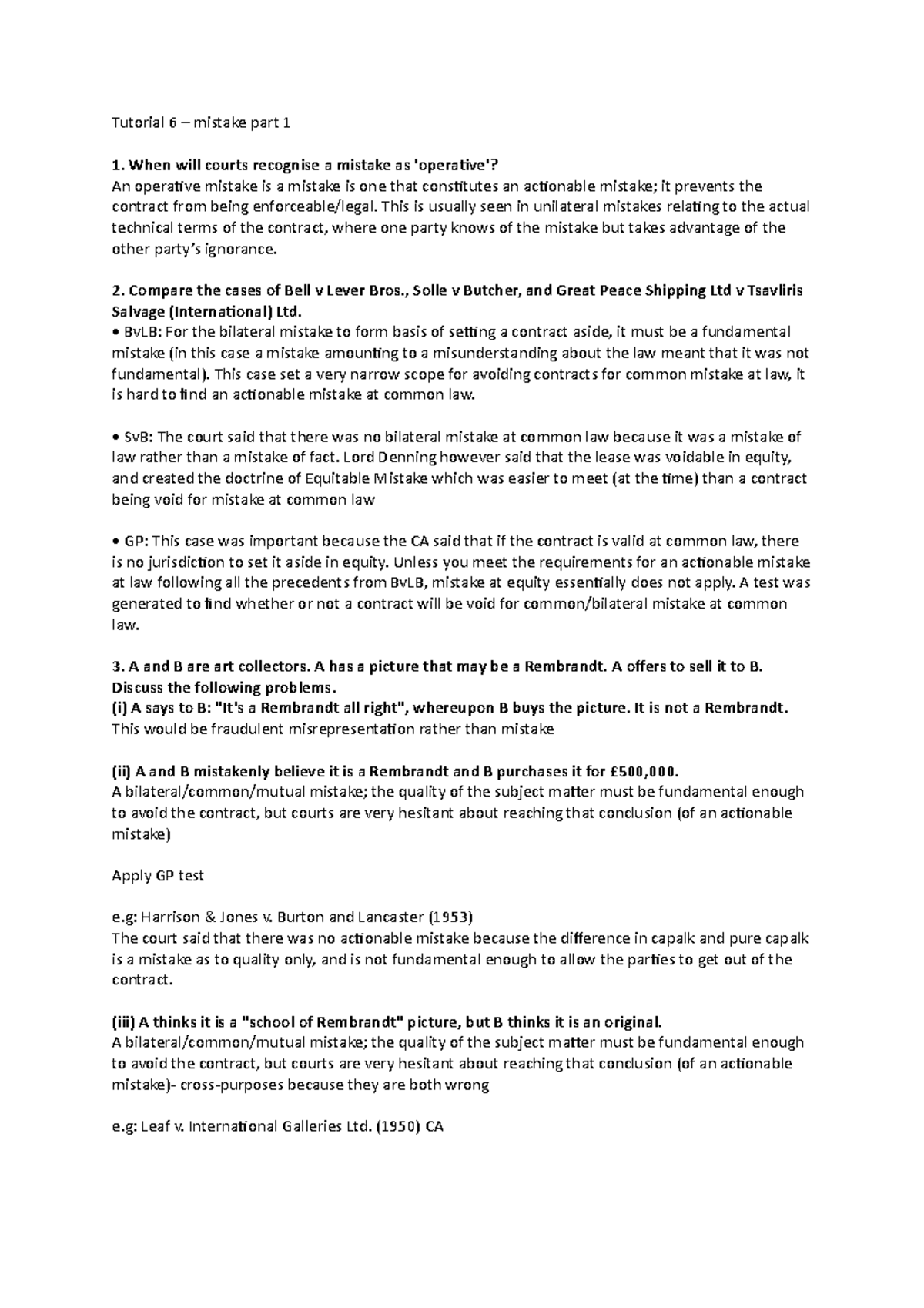 Contract I Tutorial 6 - misrepresentation - Tutorial 6 – mistake part 1 ...