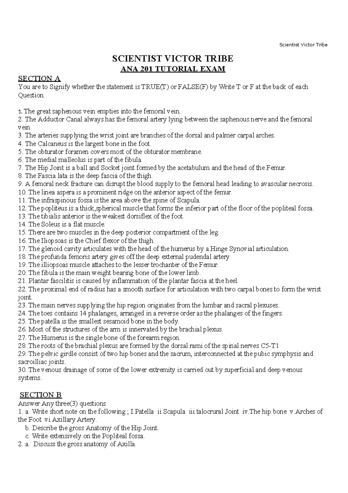 Tutorial EXAM - ANA 201 - Scientist Victor Tribe SCIENTIST VICTOR TRIBE ...