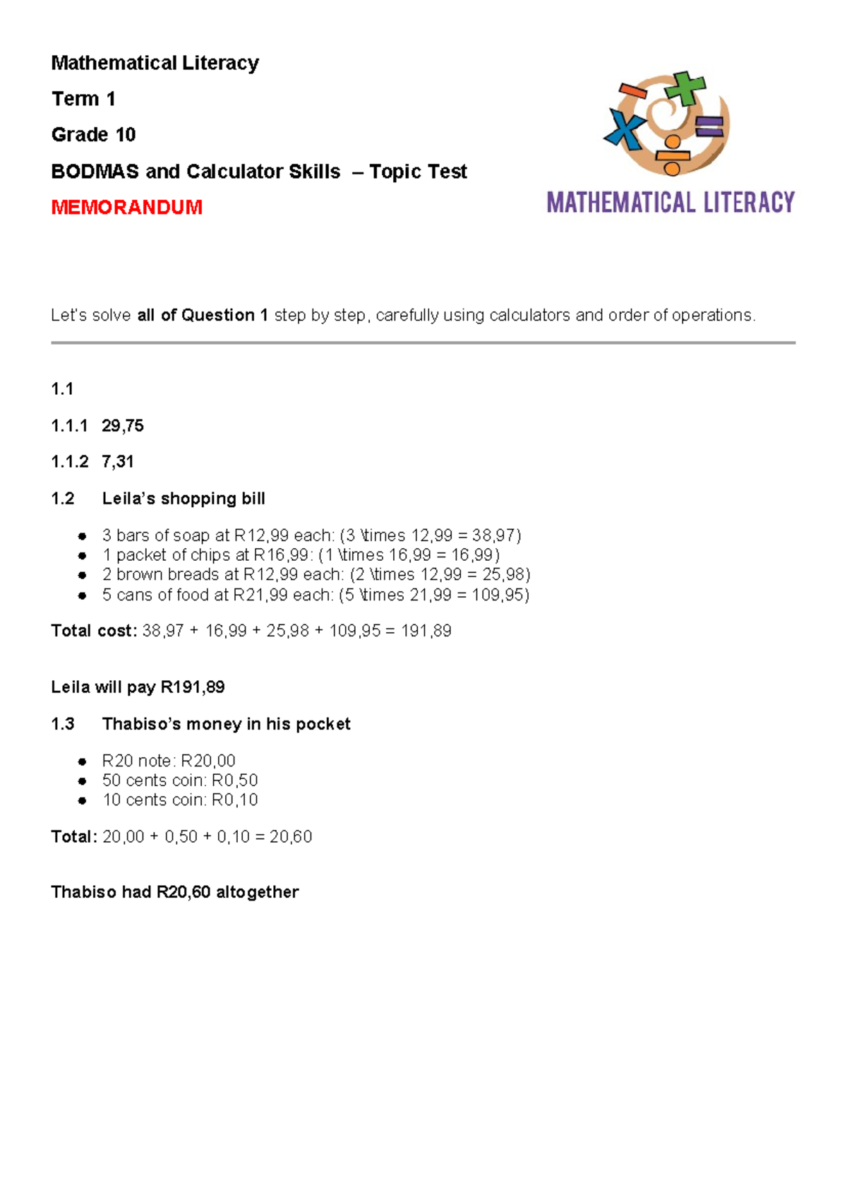 Mathematical Literacy Term 1 Grade 10: BODMAS & Calculator Skills Memo ...