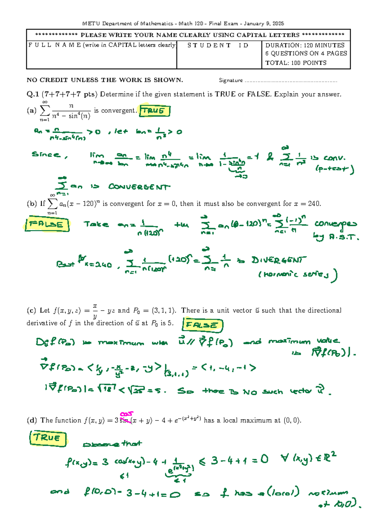 Math 120 Final Exam Solutions - METU Department of Mathematics - Studocu