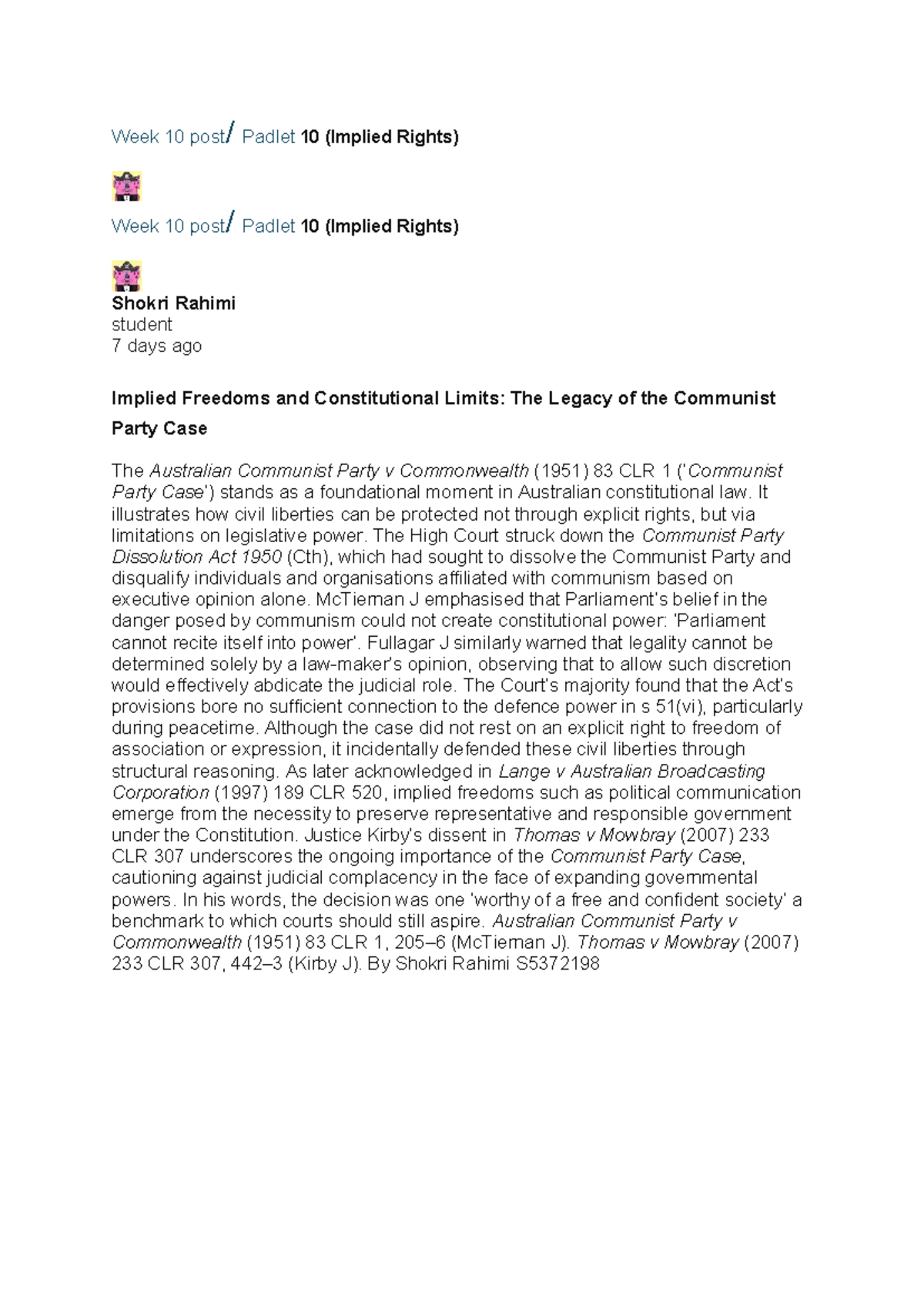 Week 10 Padlet Exercise: Implied Rights in Constitutional Law - Studocu