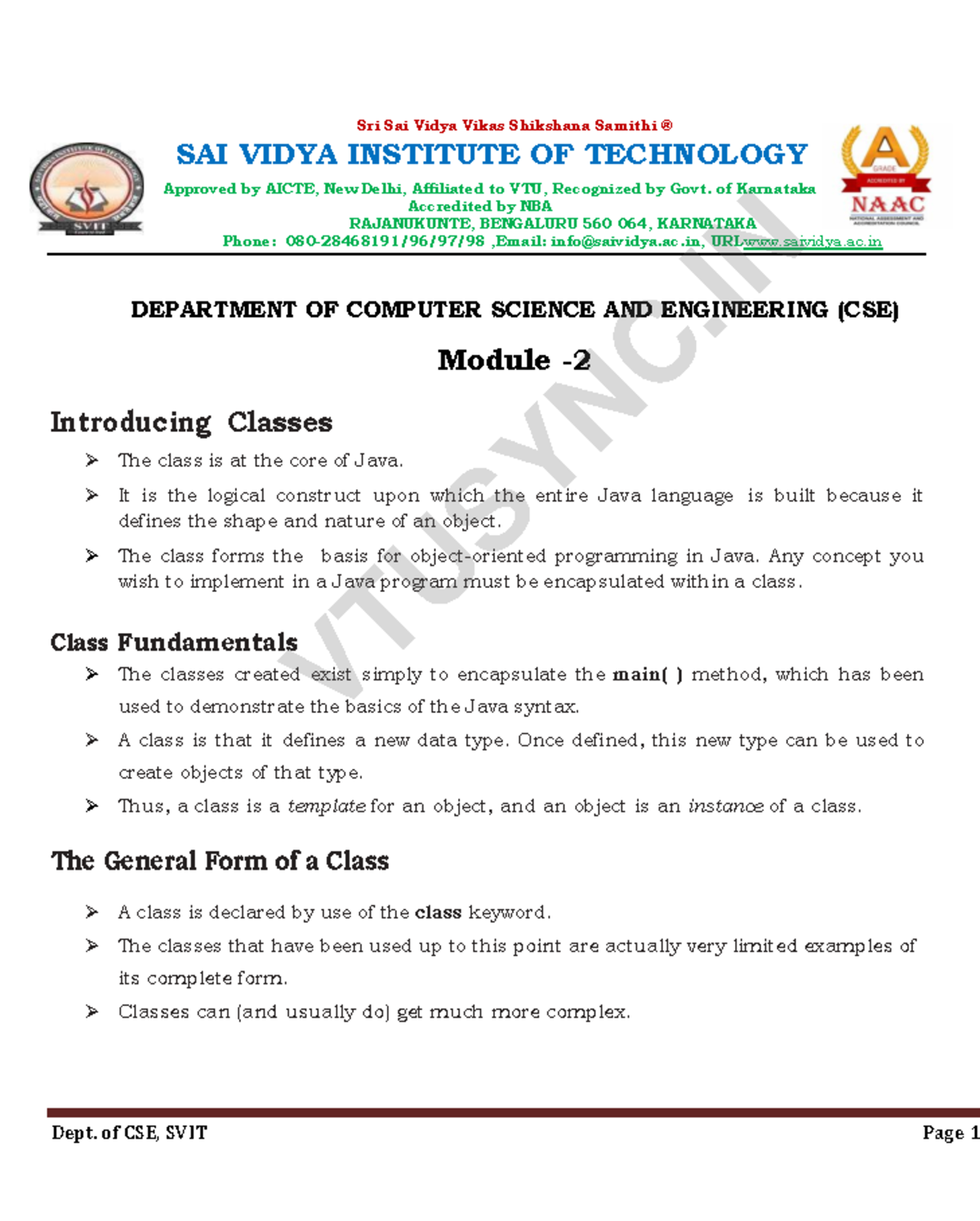CSE VTU Module 2: Introduction to Java Classes and Methods - Studocu