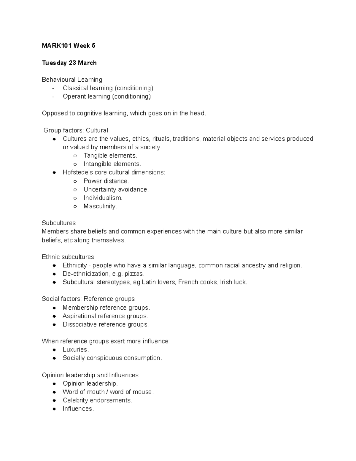 MARK101 Week 5 summary - MARK101 Week 5 Tuesday 23 March Behavioural ...