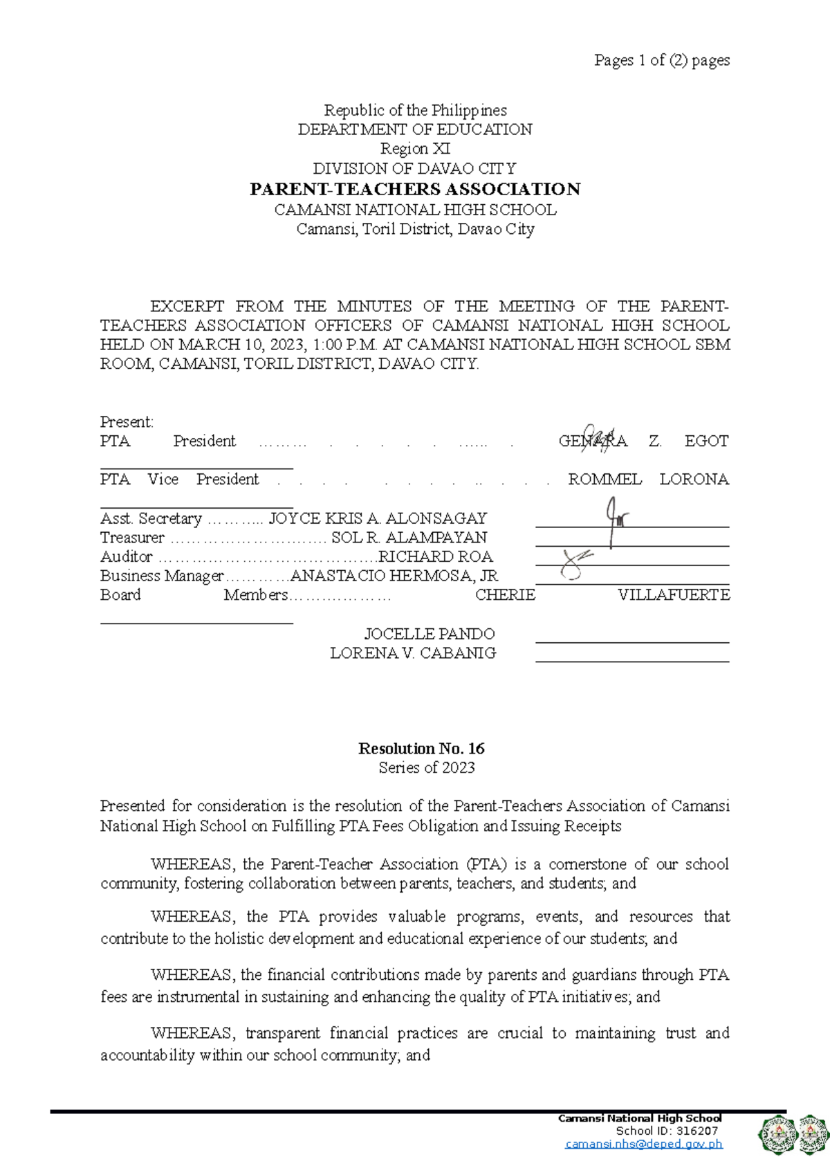Resolution No. 16s. 2023: PTA Fees Commitment & Receipt Issuance - Studocu