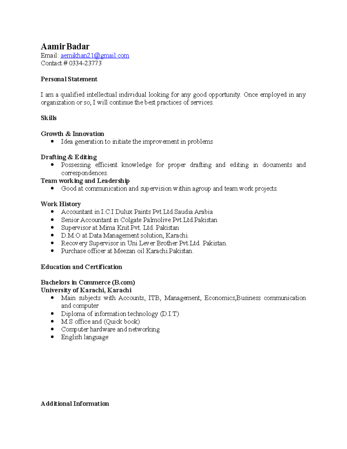 Aamir Badar’s Resume - Practical Notes on Skills & Experience - Studocu