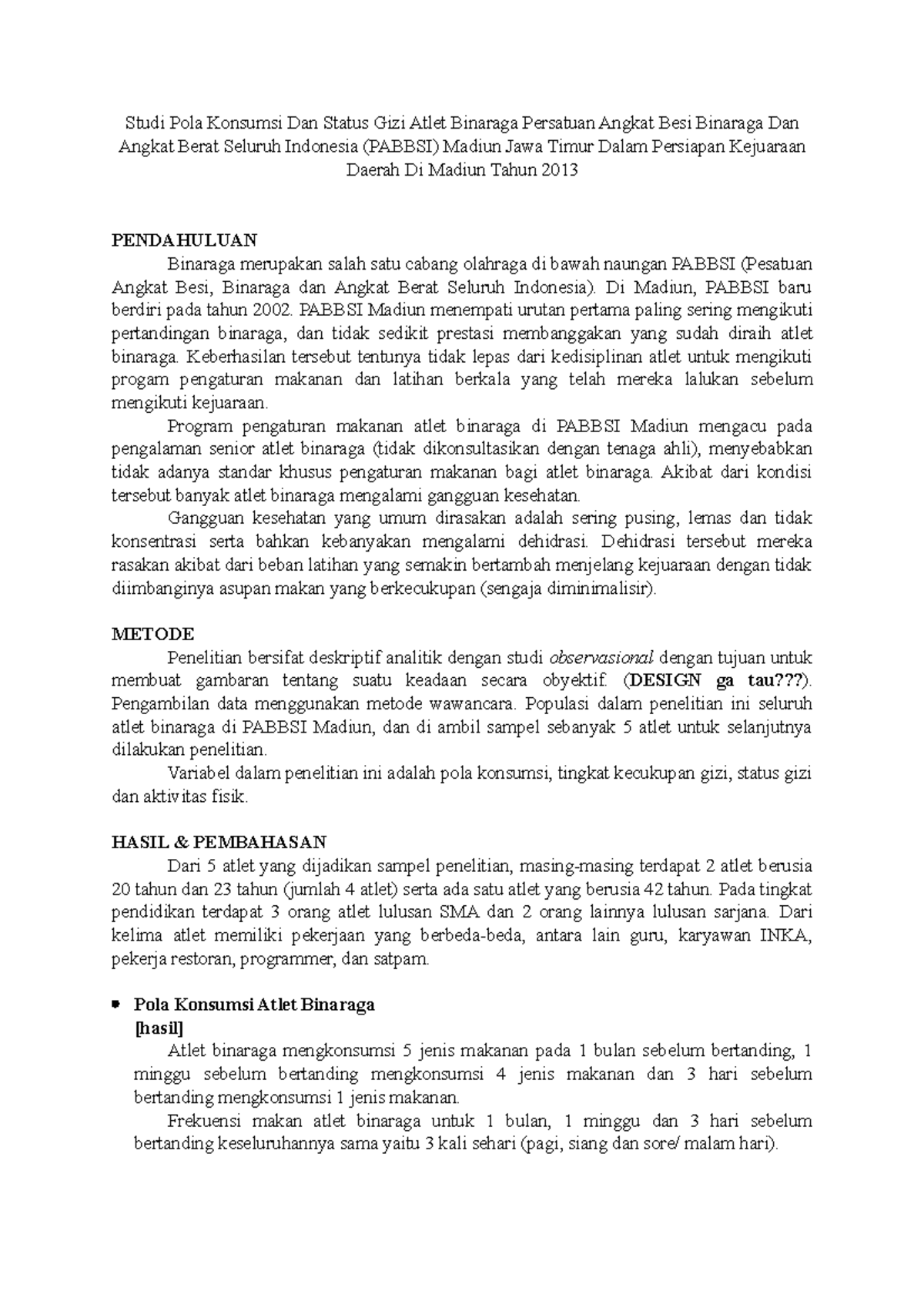 Review praktikum gizor 9 - Studi Pola Konsumsi Dan Status Gizi Atlet ...