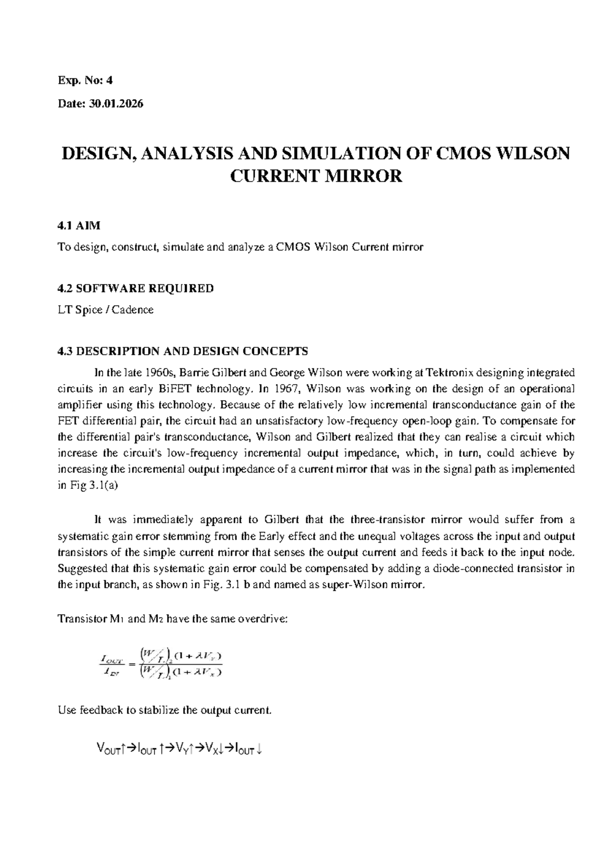 Exp. 4: Design & Simulation of CMOS Wilson Current Mirror - Studocu
