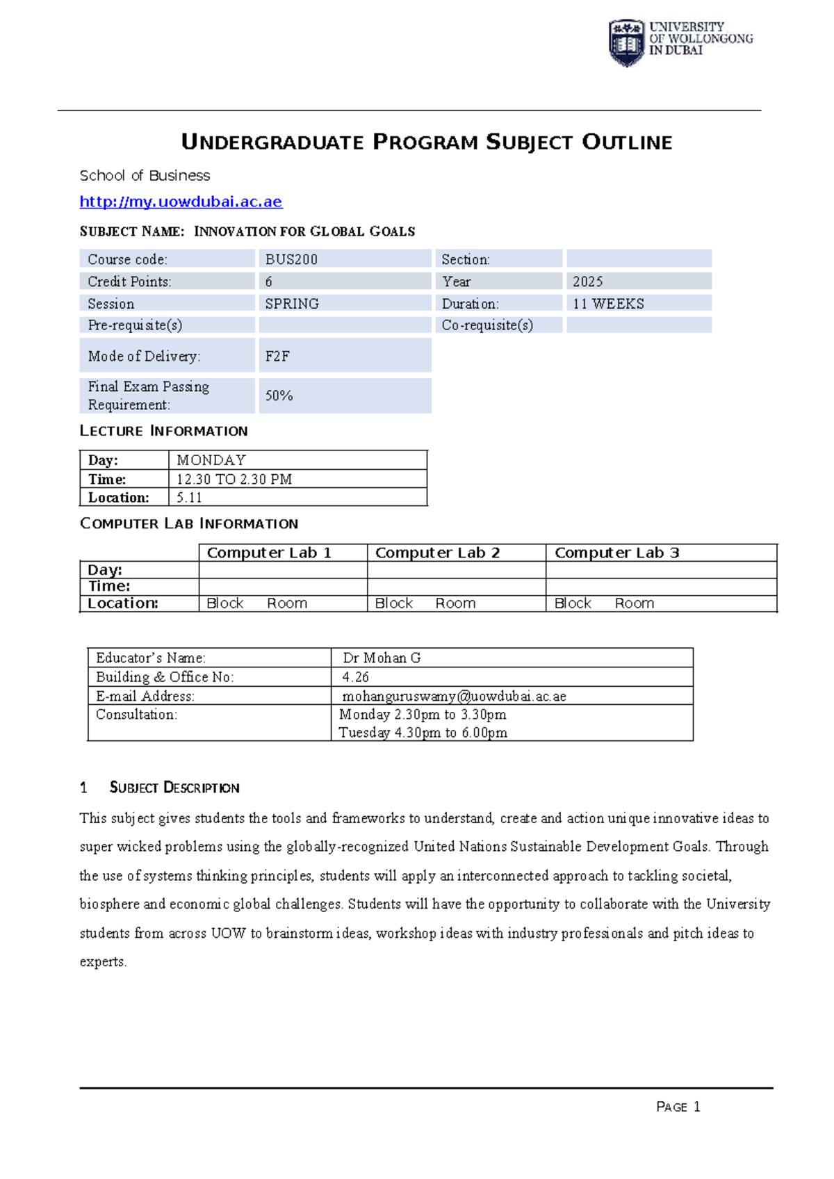 BUS200 SPR25 Innovation for Global Goals Subject Outline - Studocu