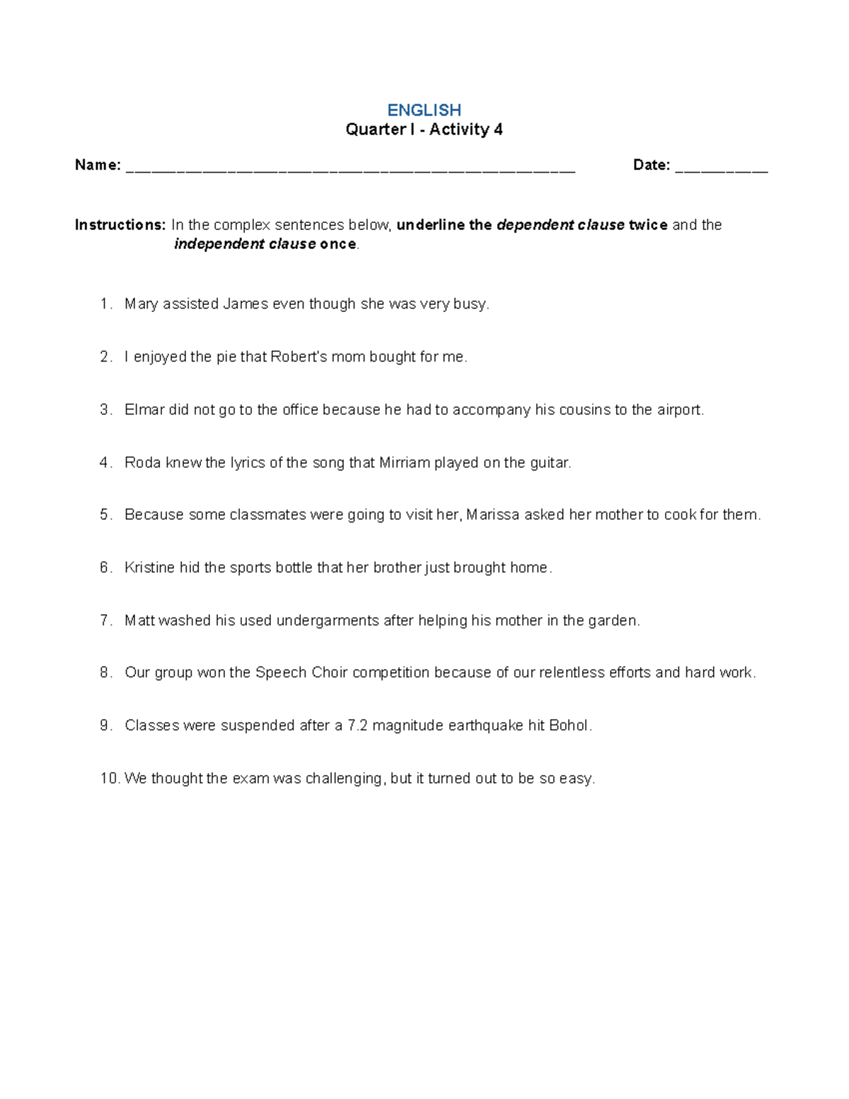 ENGLISH Quarter I Activity 4: Complex Sentences Analysis - Studocu