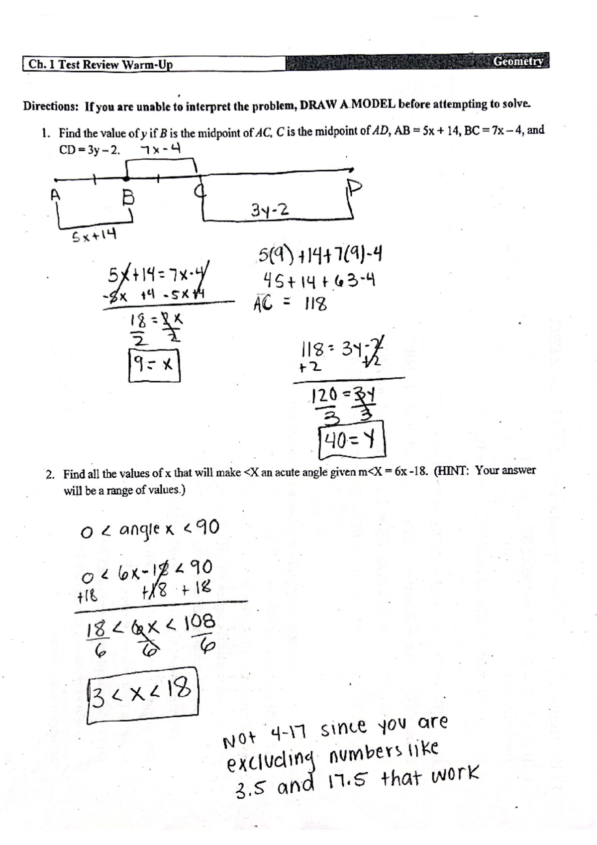 Key- test review warm-up - Geometry Ch. 1 Test Review Directions: If ...