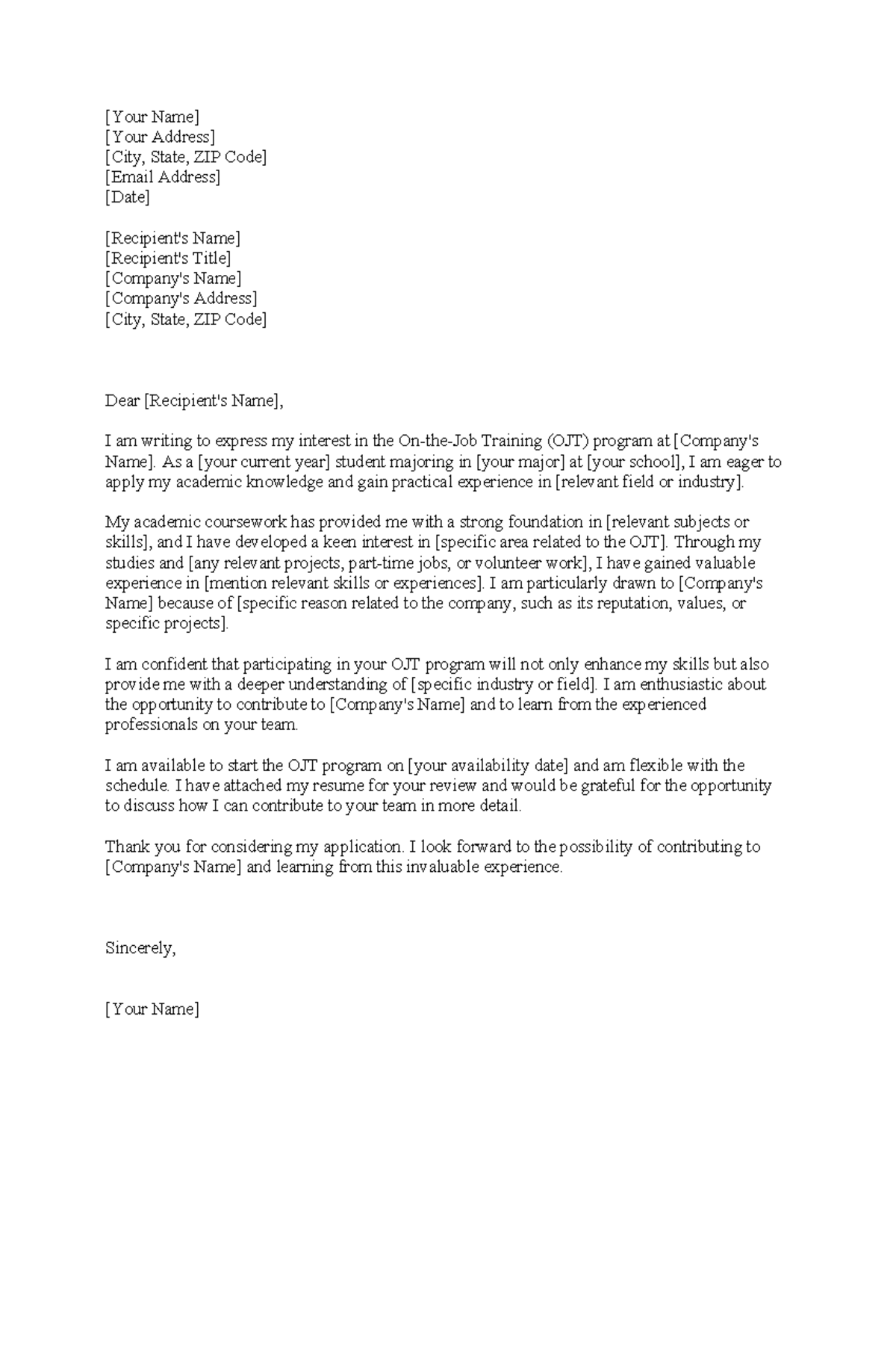 Letter of intent for OJT program application - Studocu
