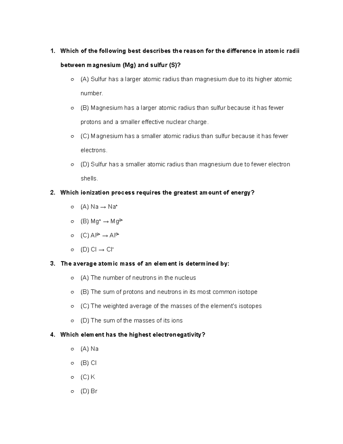 AP Chem Practice Test - Which of the following best describes the ...
