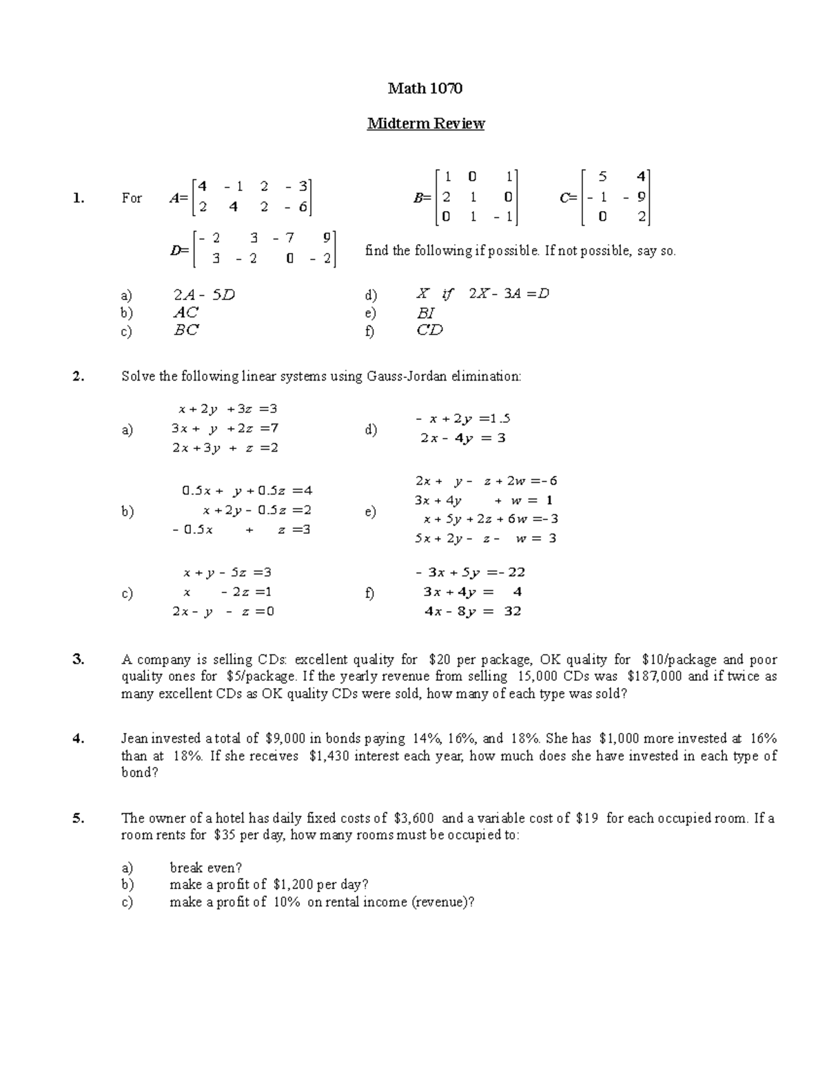 Math 1070 - Midterm Review Questions and Answers September - Studocu