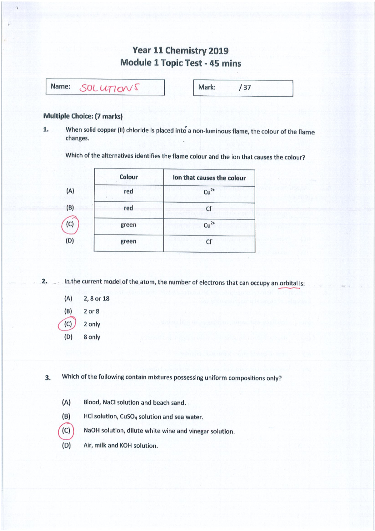 Year 11 Chem Module 1 Topic Test Solutions and Explanations - Studocu