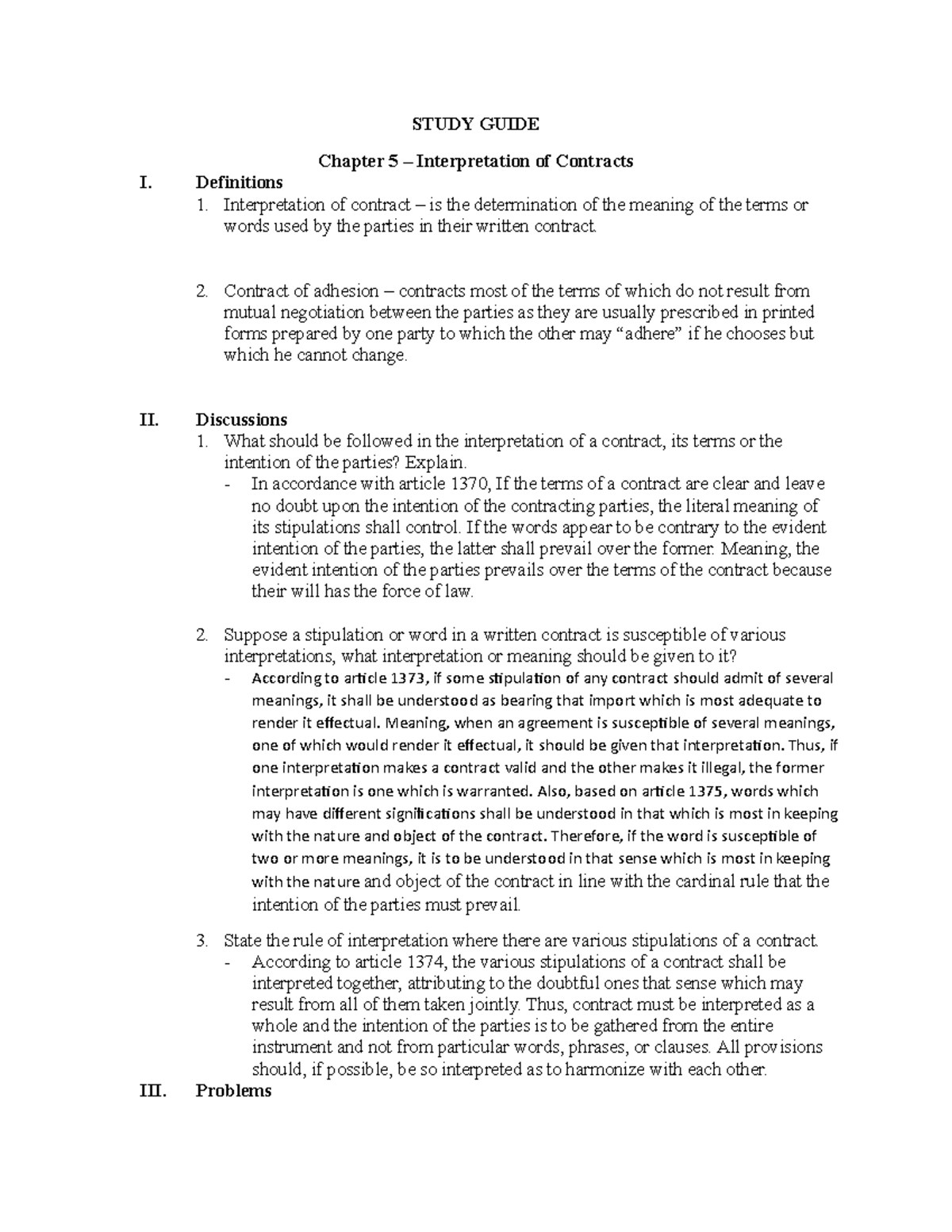 Contracts Chapter 5 - STUDY GUIDE Chapter 5 – Interpretation of Contracts I. Definitions - Studocu