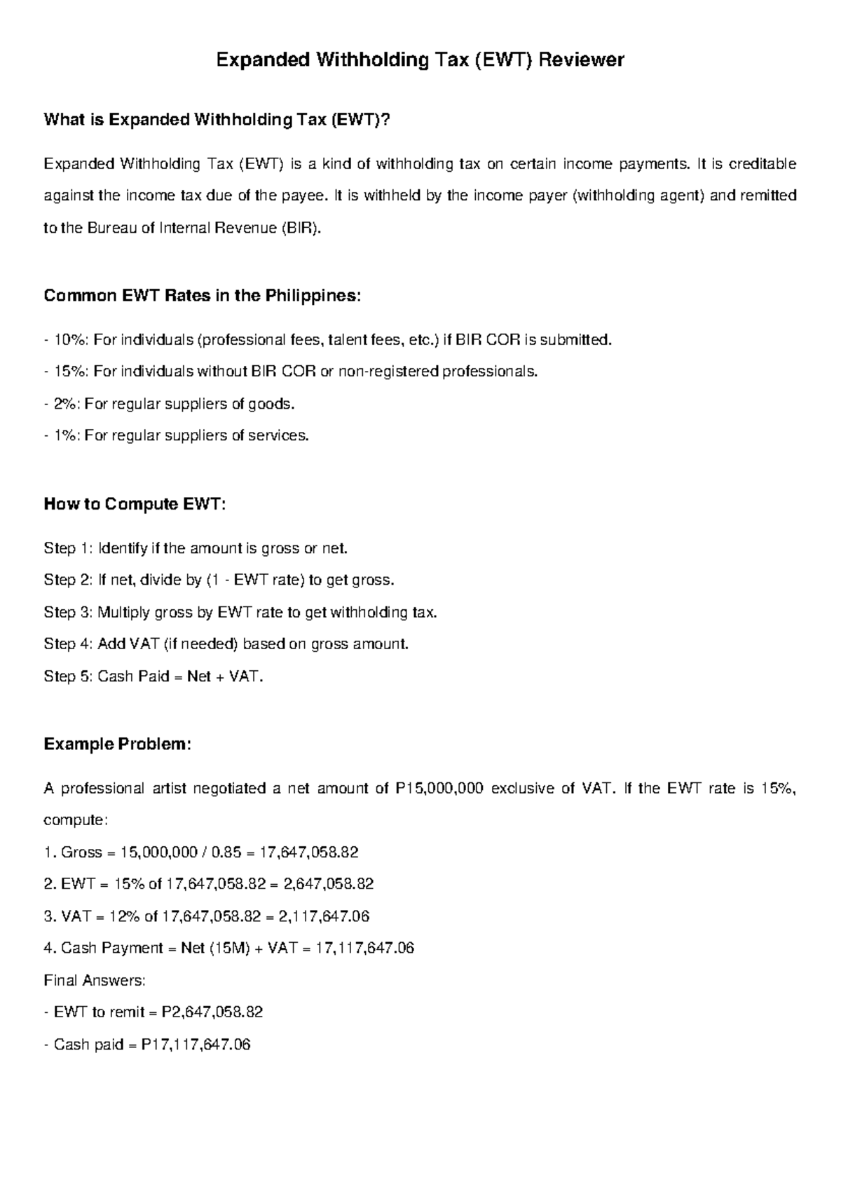 EWT 101: Expanded Withholding Tax Notes for Accountancy Students - Studocu