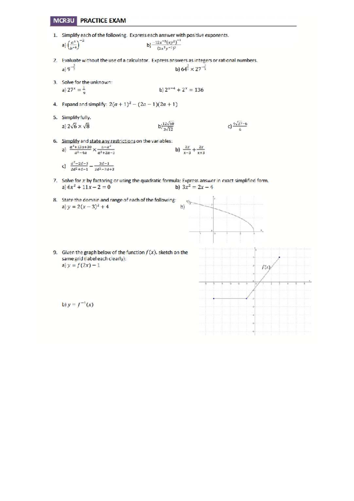 MCR3U FUNCTIONS EXAM REVIEW: PRACTICE EXAM 1 & SOLUTIONS - Studocu