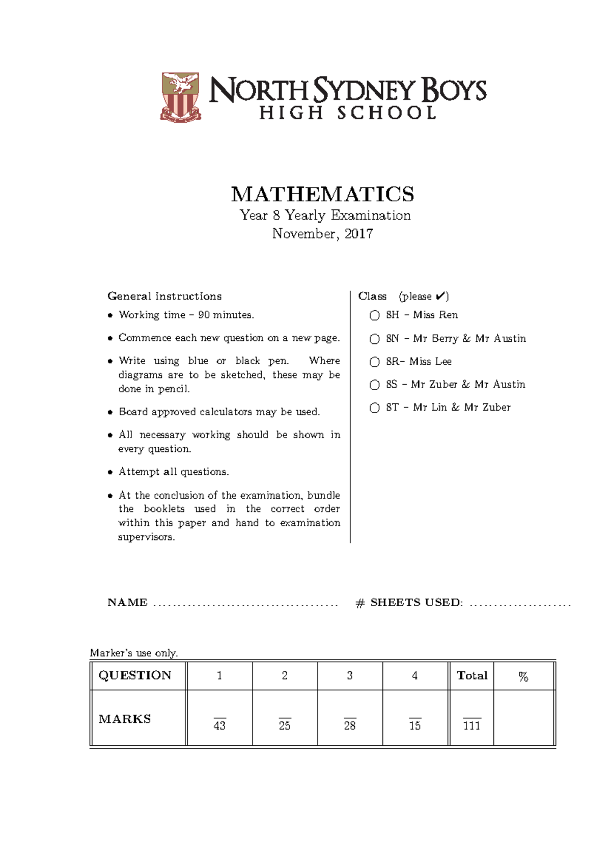 Task 4: Year 8 Math Yearly Exam 2017 - Comprehensive Test Paper - Studocu