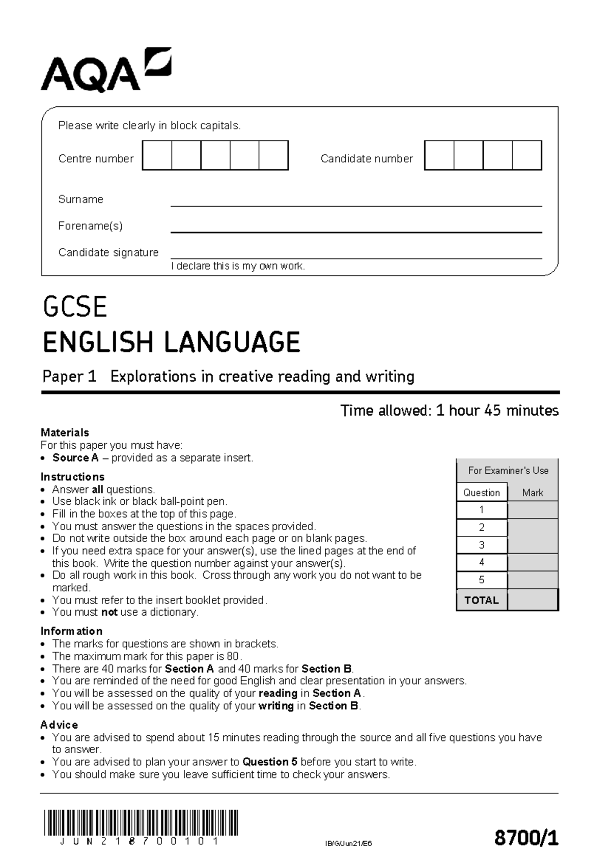AQA GCSE English Language Paper 1: Creative Reading & Writing Exam ...
