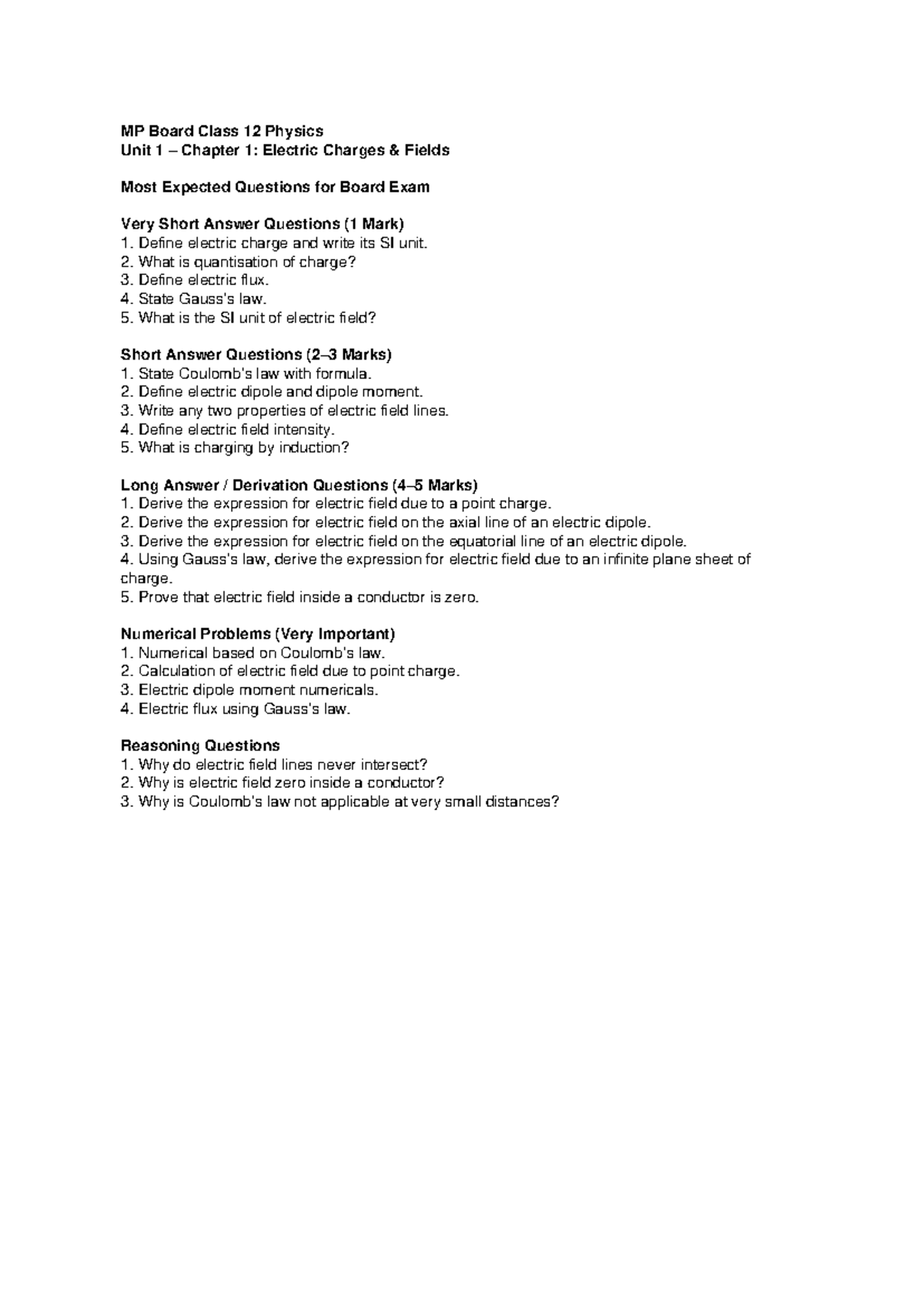 MP Board Class 12 Physics Unit 1 Chapter 1: Key Questions for Board ...