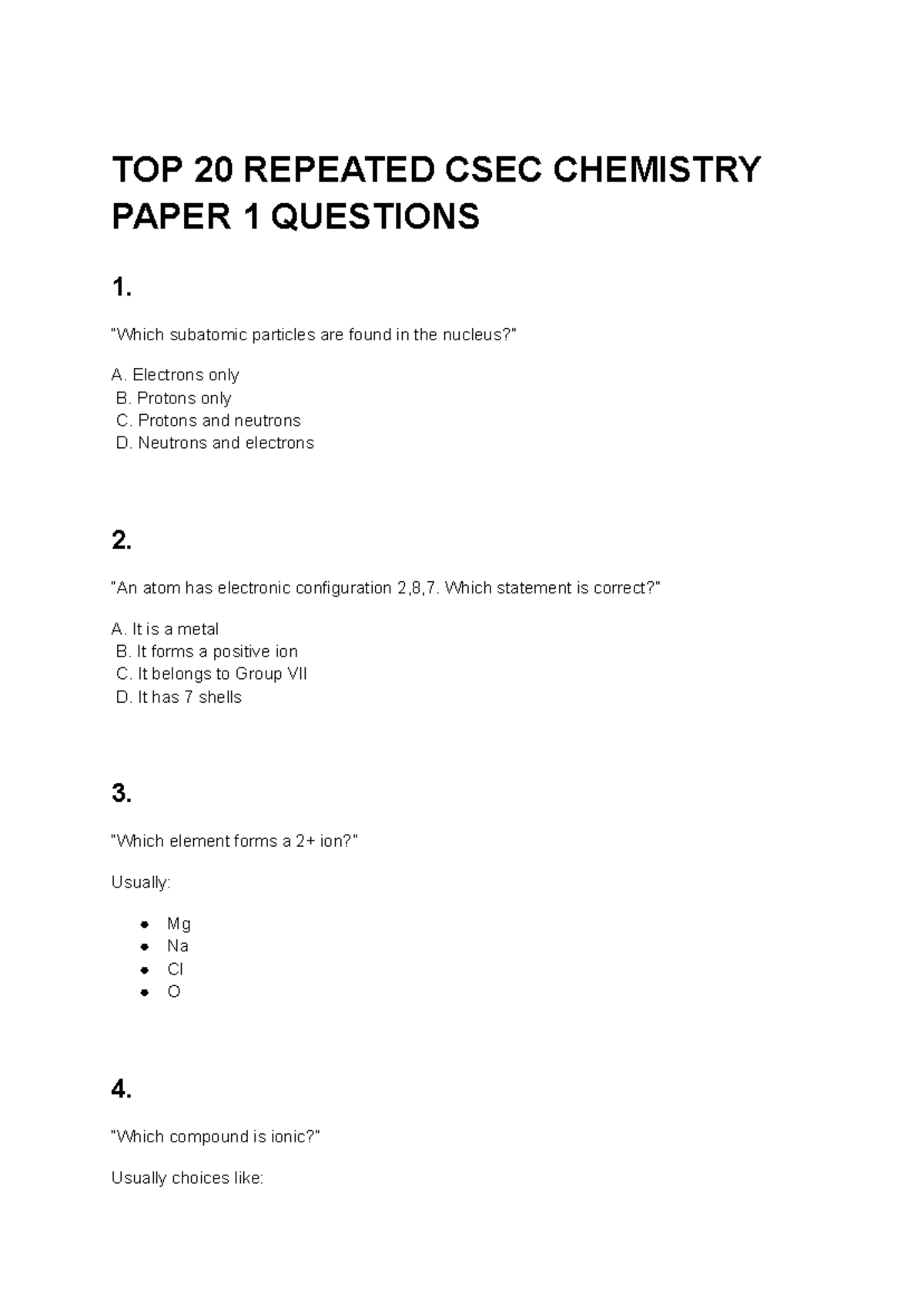 TOP 20 Repeated CSEC Chemistry Paper 1 Questions and Answers - Studocu