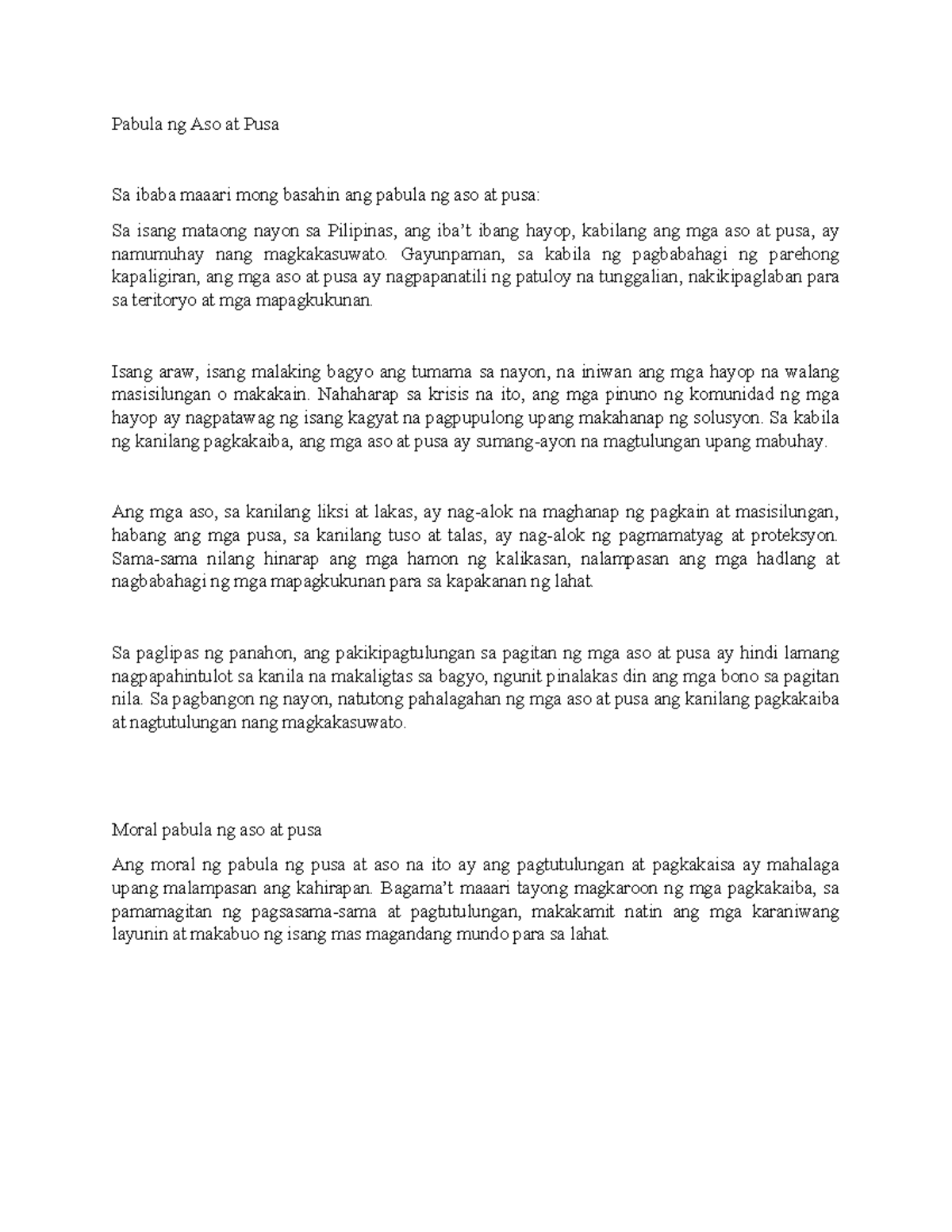 Pabula ng Aso at Pusa - Lecture Notes on Cooperation and Unity - Studocu
