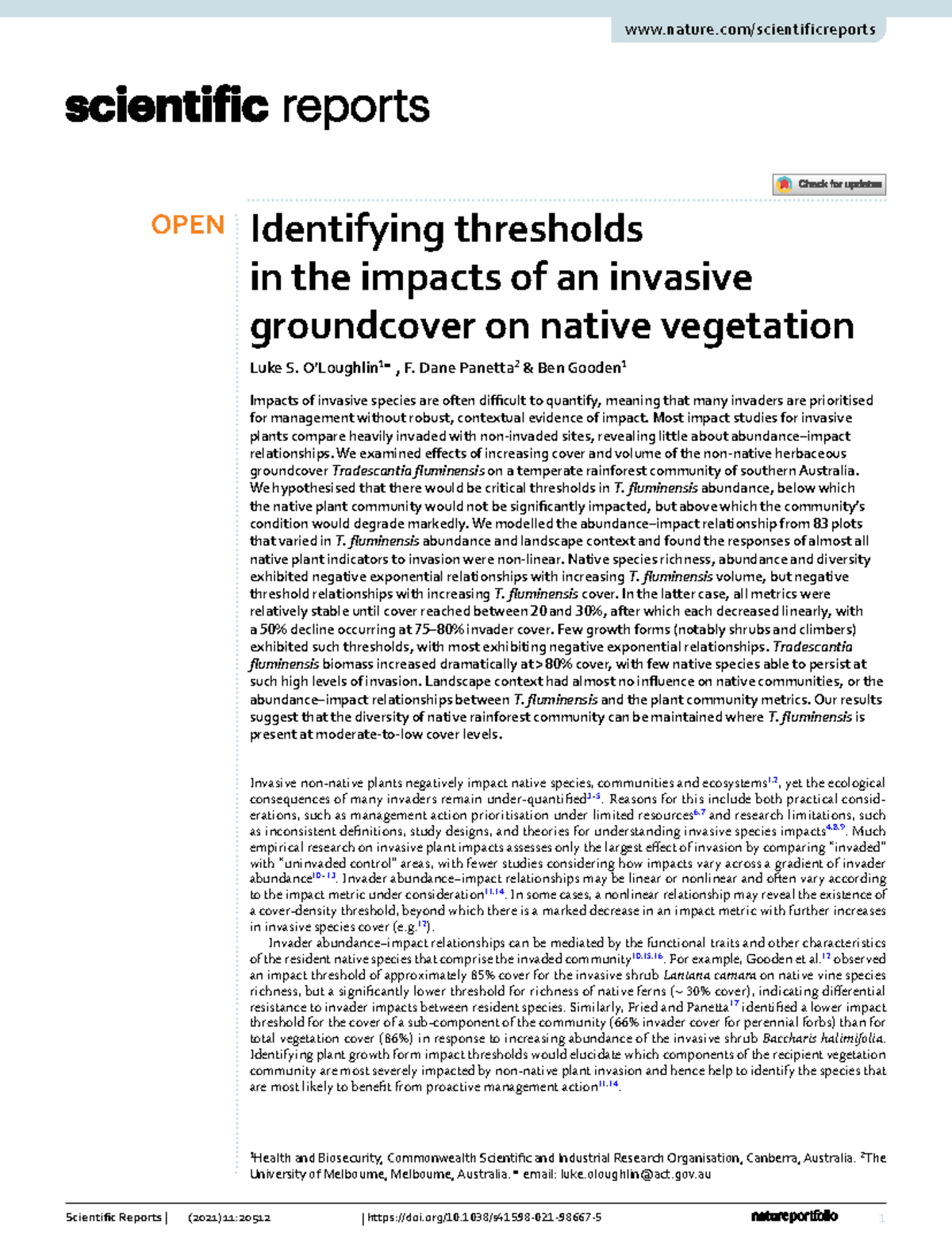 Identifying Impact Thresholds of Tradescantia fluminensis on Native ...