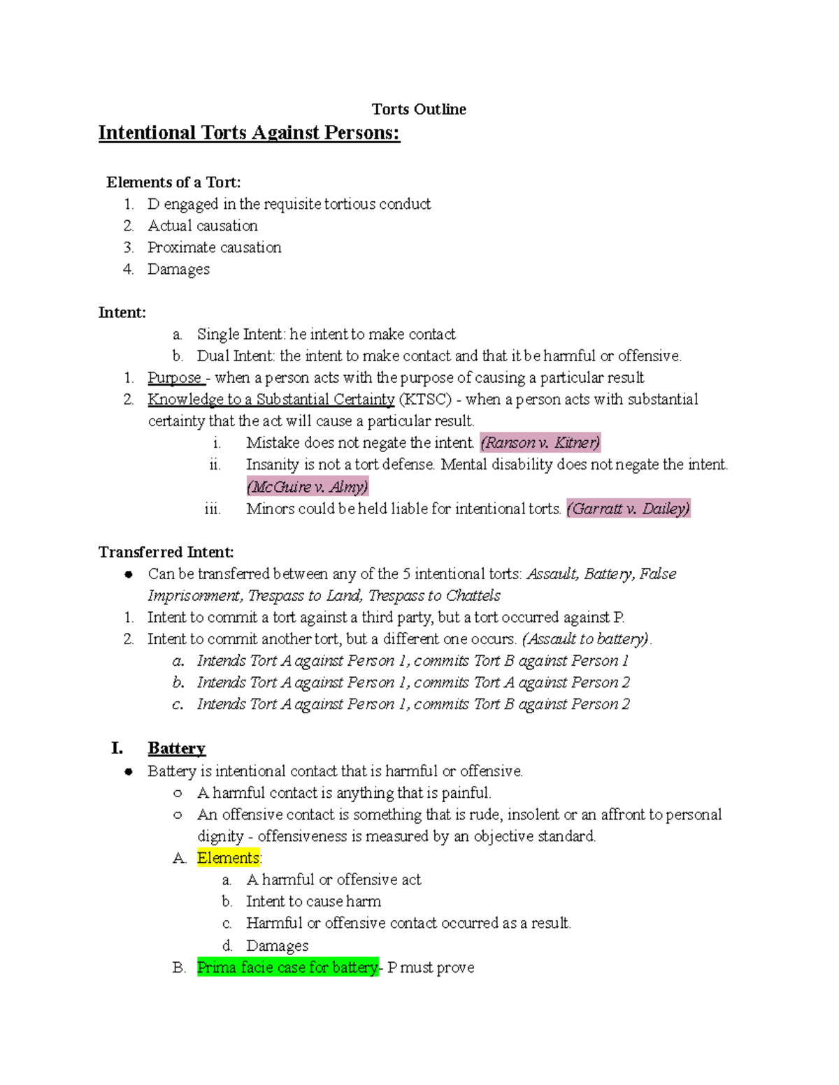Torts Outline: Intentional Torts Against Persons and Property - Studocu