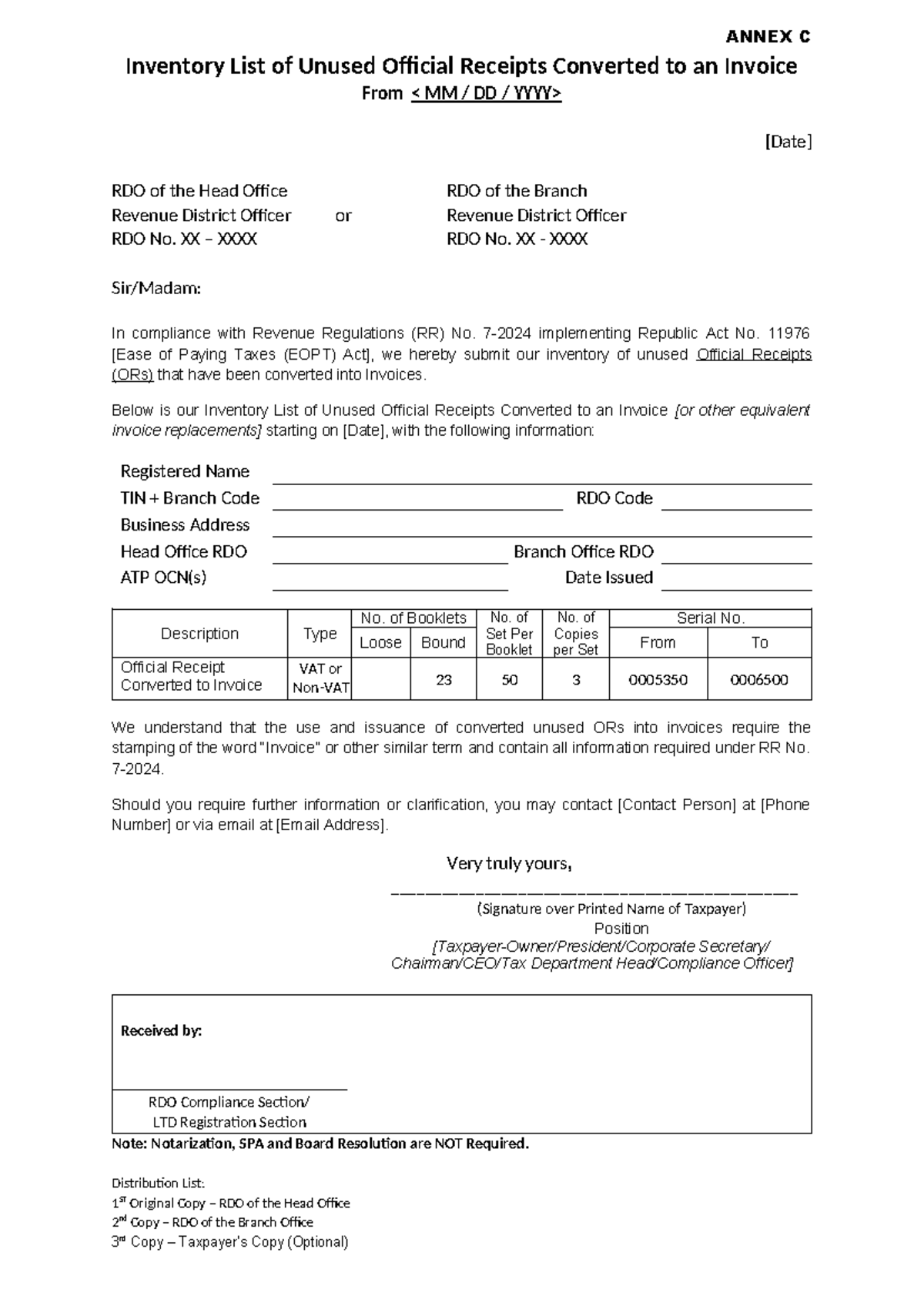 Inventory of Unused ORs Converted to Invoices - RMC No. 77-2024 Annex C ...
