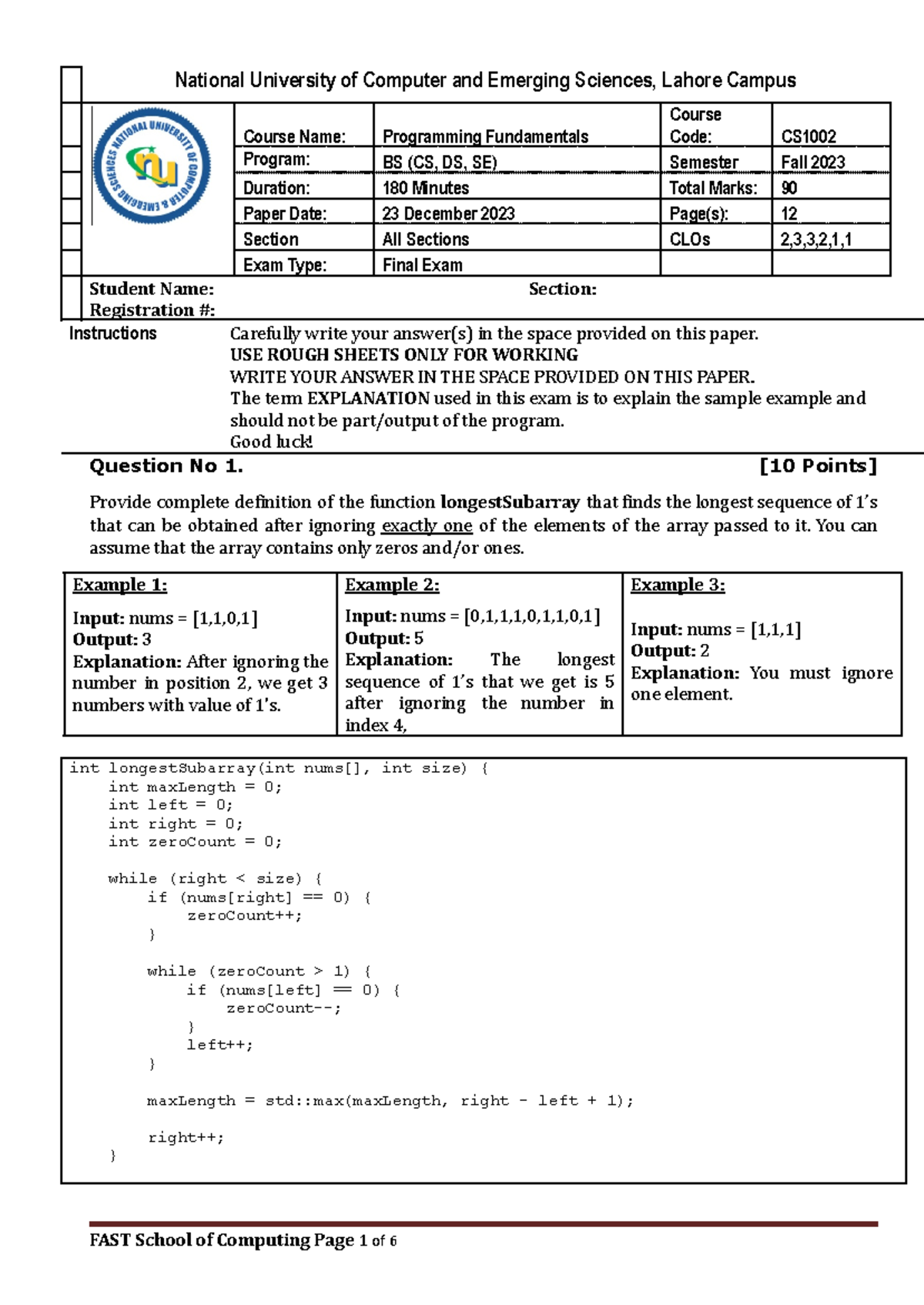 Programming Fundamentals CS1002 Final Exam Solutions - Fall 2023 - Studocu