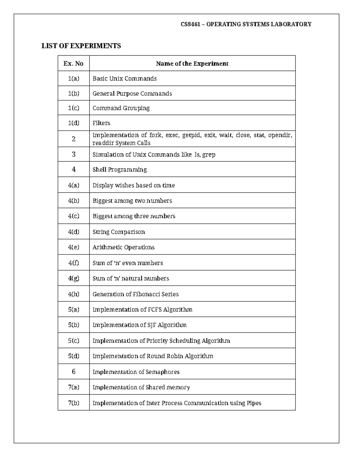 CS8461 OPERATING SYSTEMS LAB MANUAL: EXPERIMENTS & COMMANDS - Studocu
