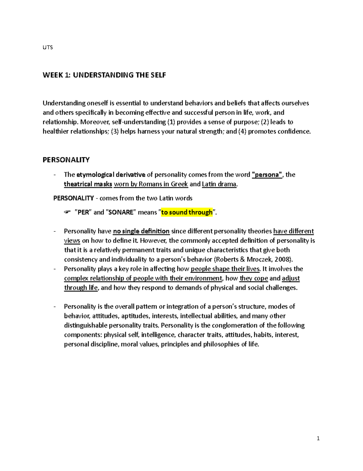 UTS - Understanding the Self: Lecture Notes on Personality and ...