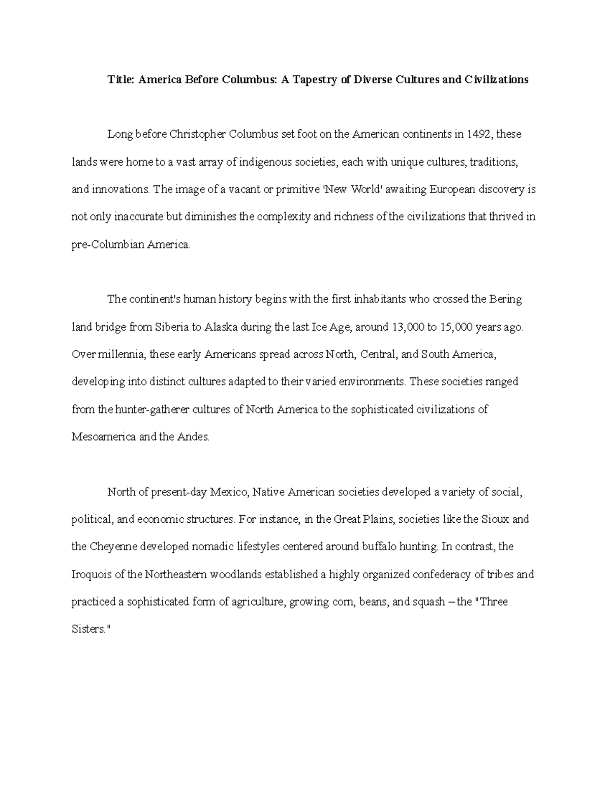APUSH Period 1 Essay: Diverse Cultures in Pre-Columbian America - Studocu