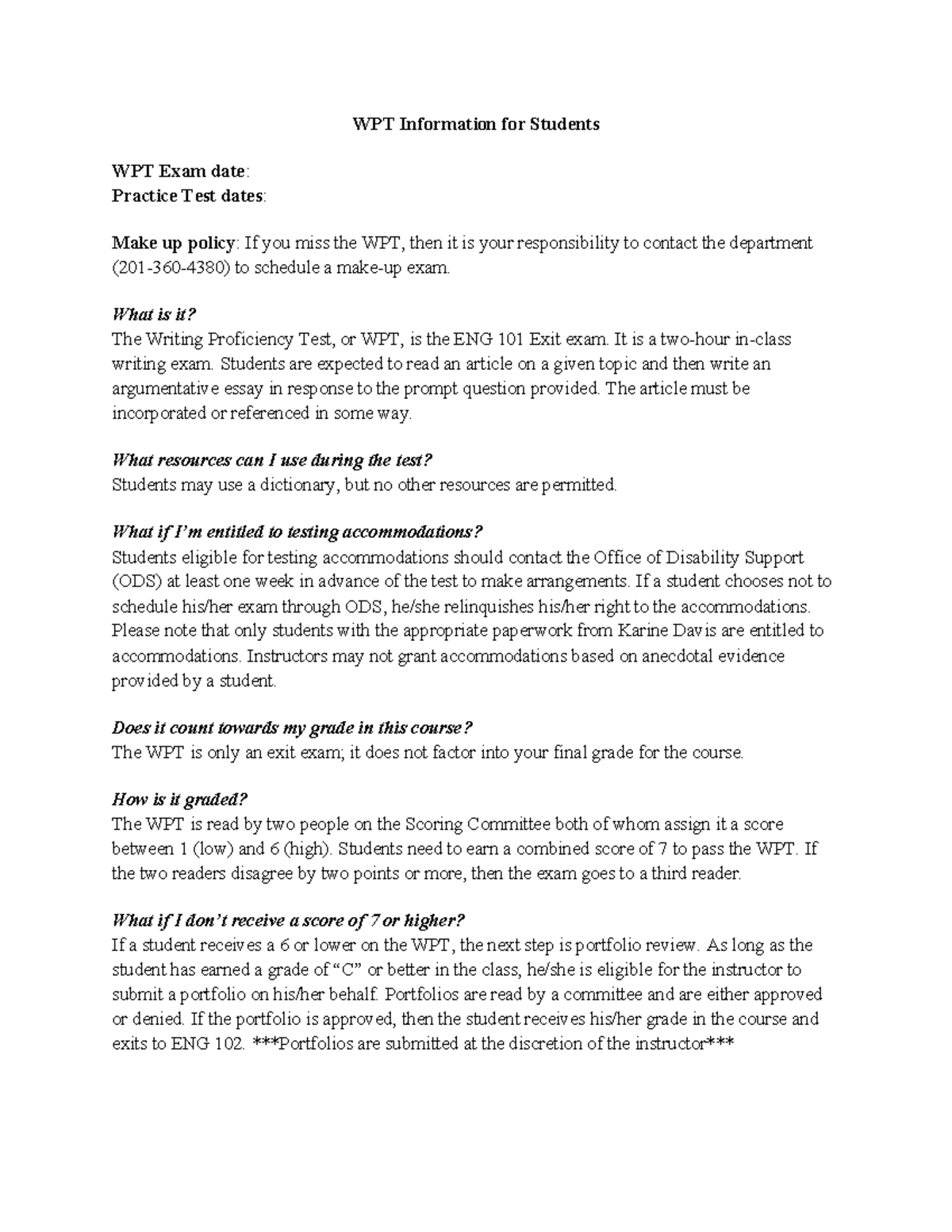 WPT Information Handout for ENG 101 Students - Exam & Policies - Studocu