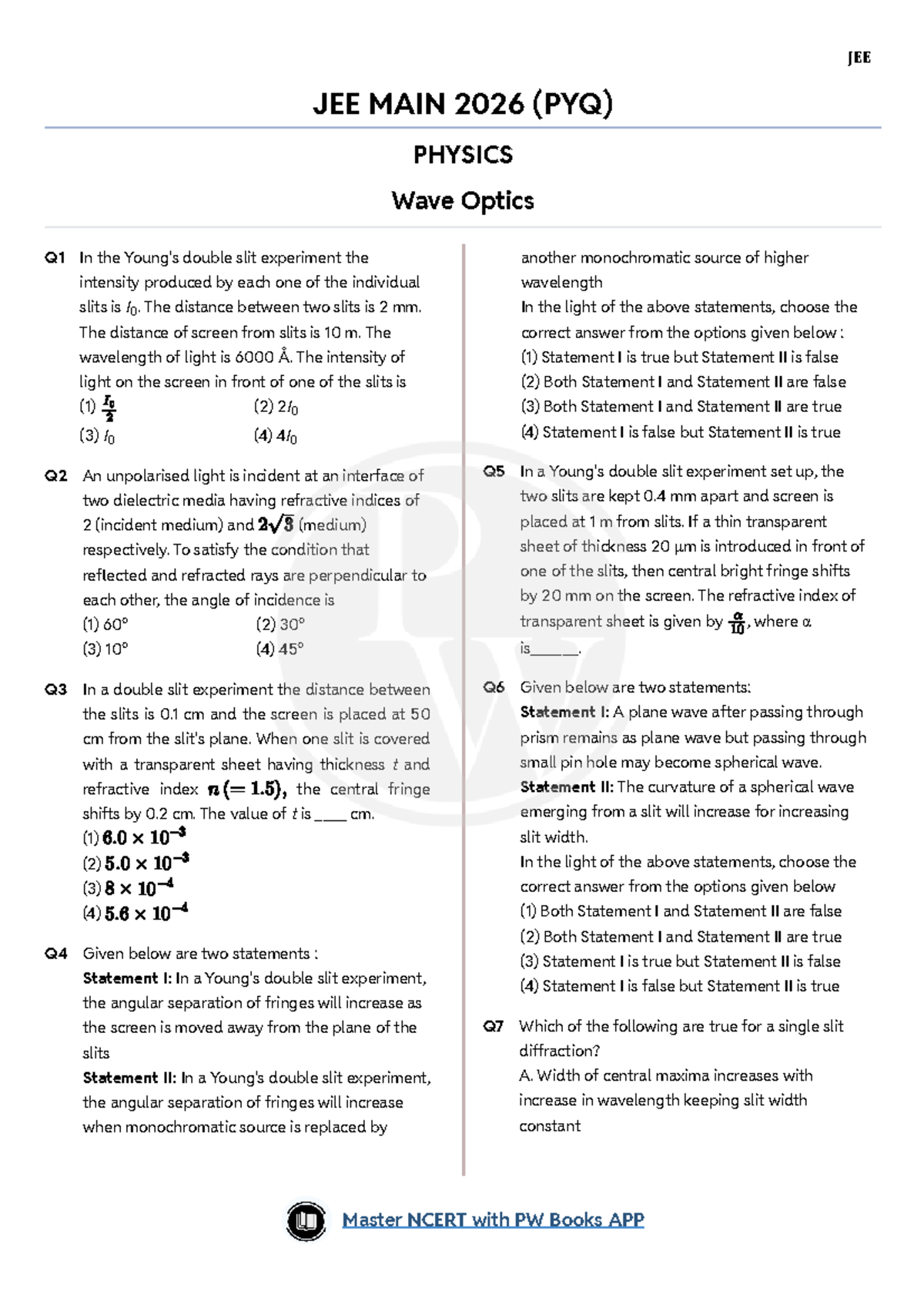JEE Main 2026 Wave Optics Questions and Solutions - Studocu