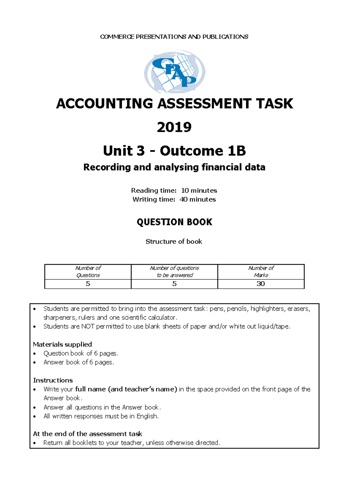 Unit 3 AOS 1 - 2019 Accounting SAC: Financial Data Assessment Tasks ...