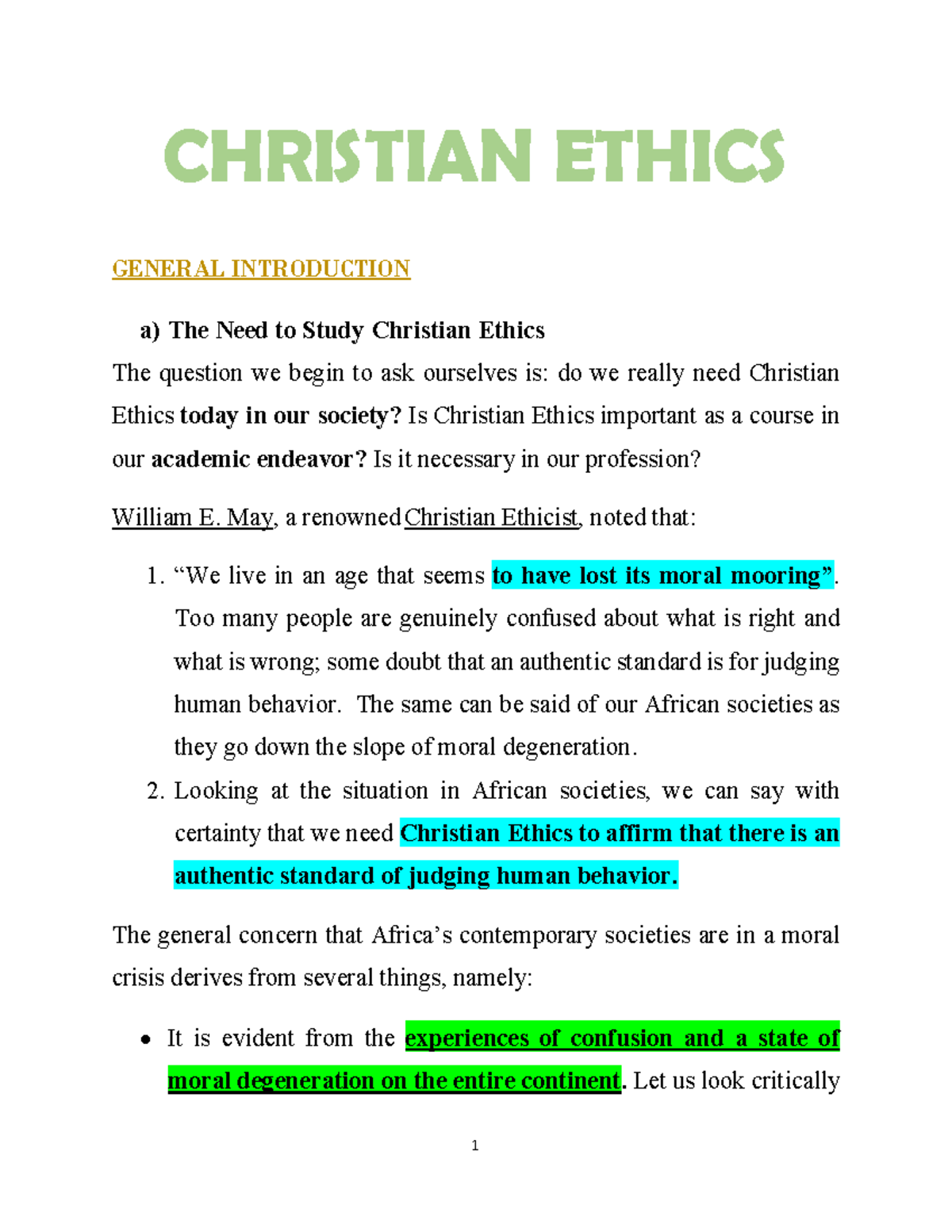 Christian Ethics Overview and Key Concepts (GS 100) - Studocu