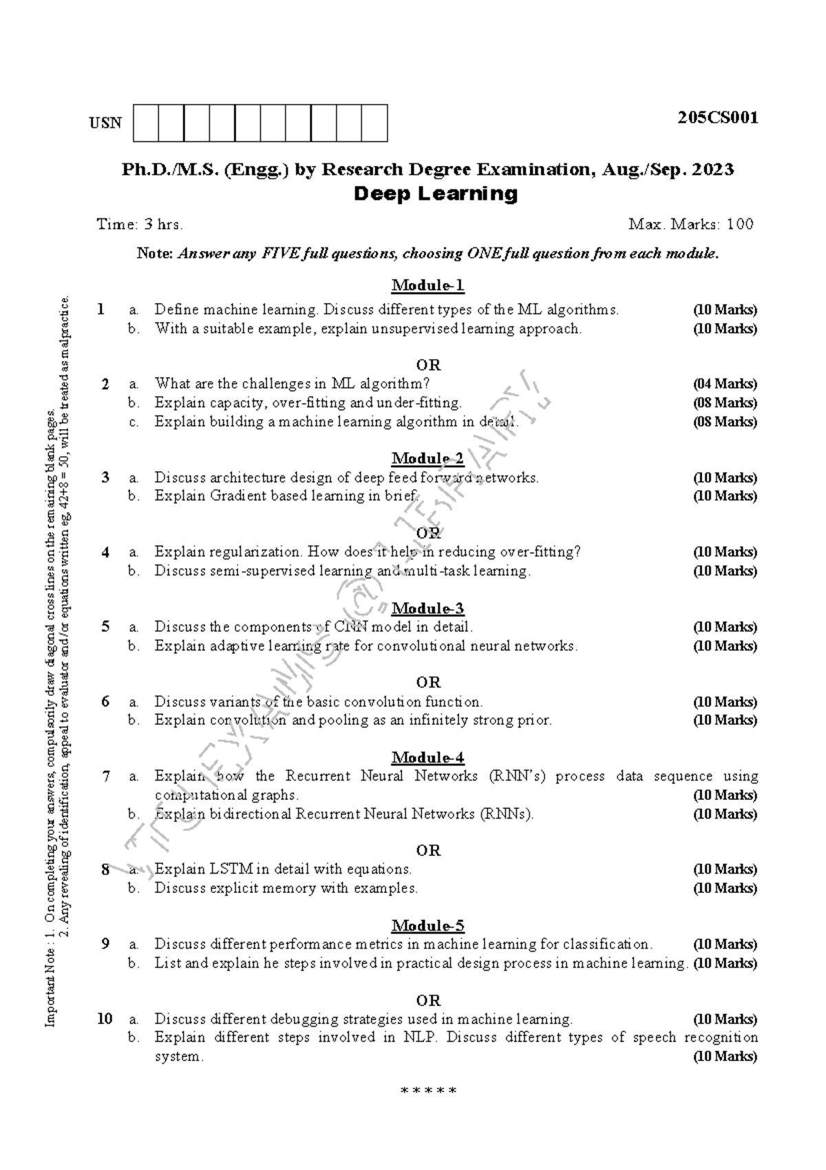 205CS001 - Deep Learning Exam Questions Overview, Aug/Sep 2023 - Studocu